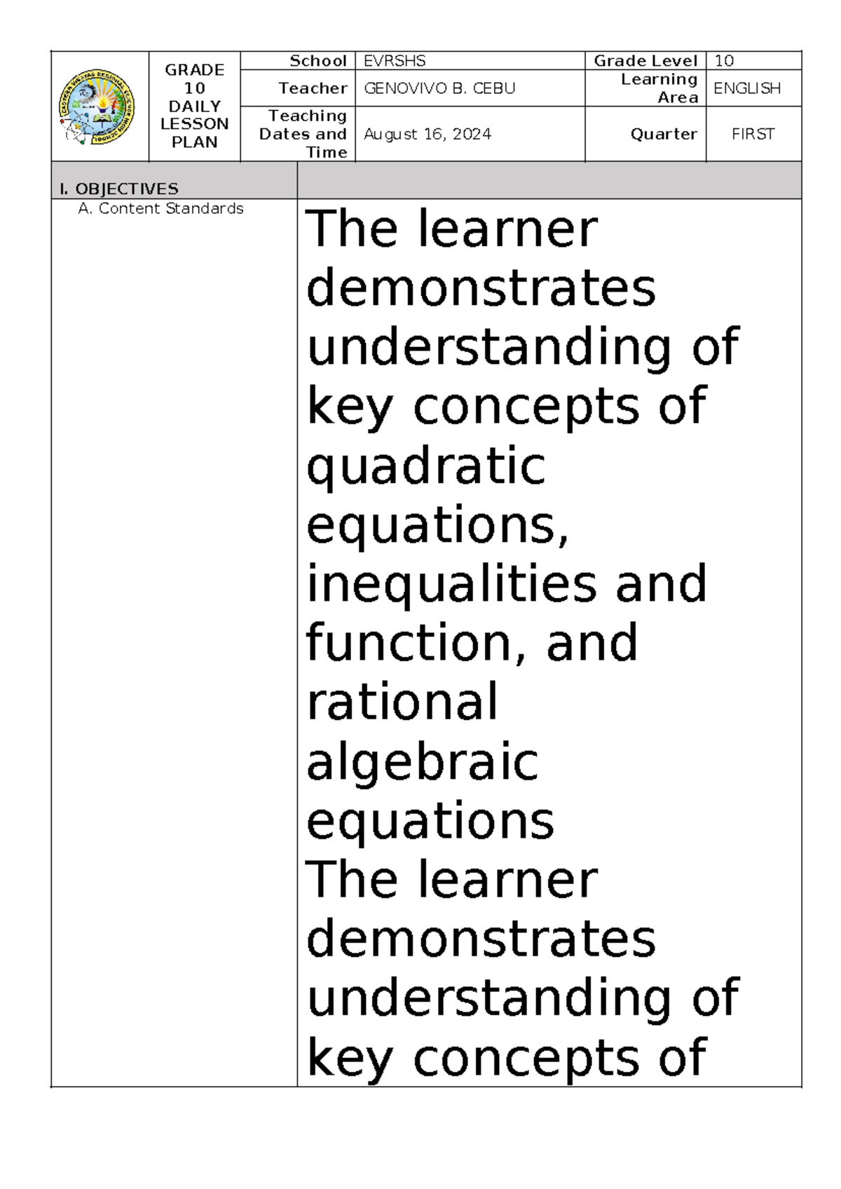 DLP 8-16 - lesson plan in English 10 - GRADE 10 DAILY LESSON PLAN ...