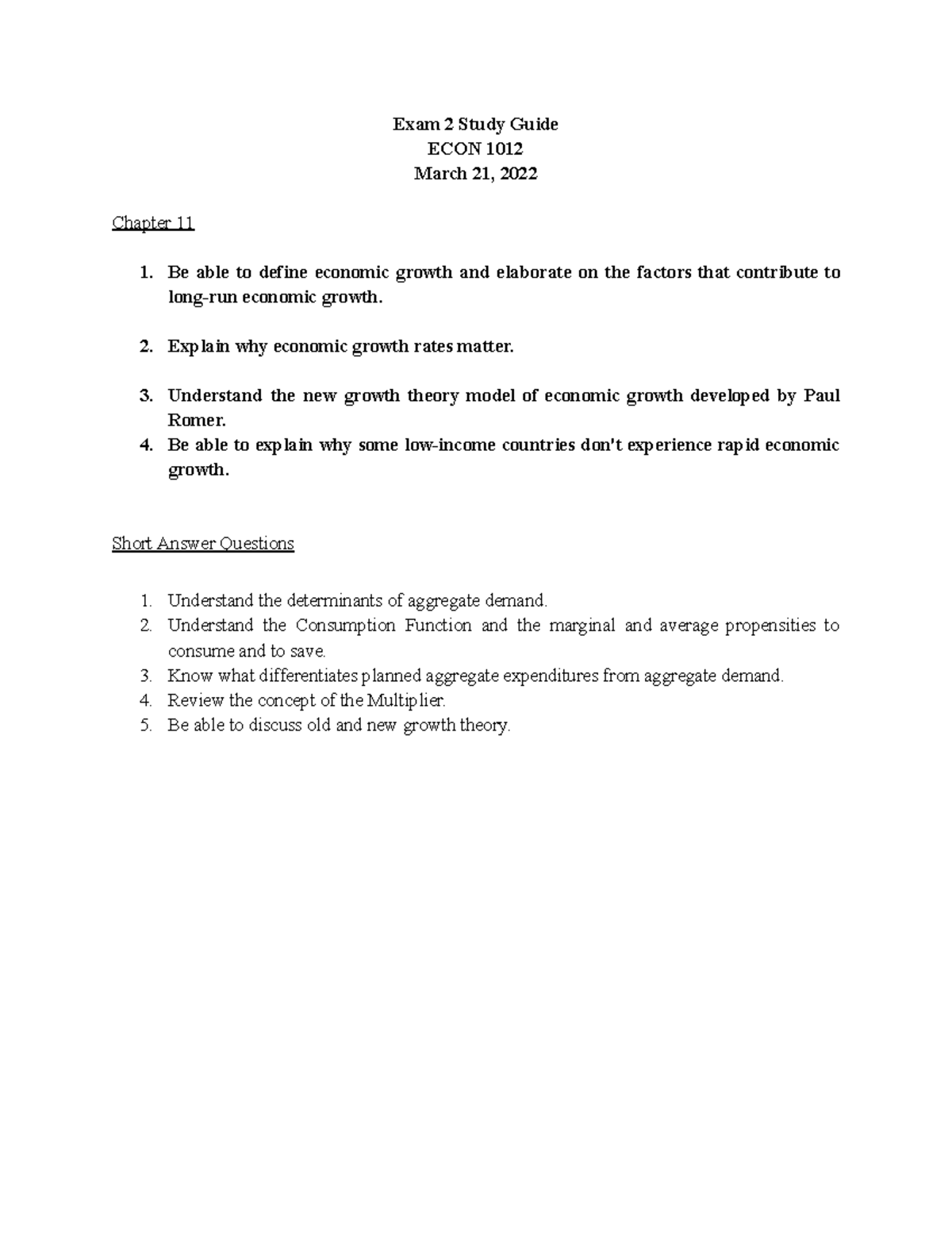 Econ 1012 Exam 2 Study Guide Blank Exam 2 Study Guide Econ 1012 March