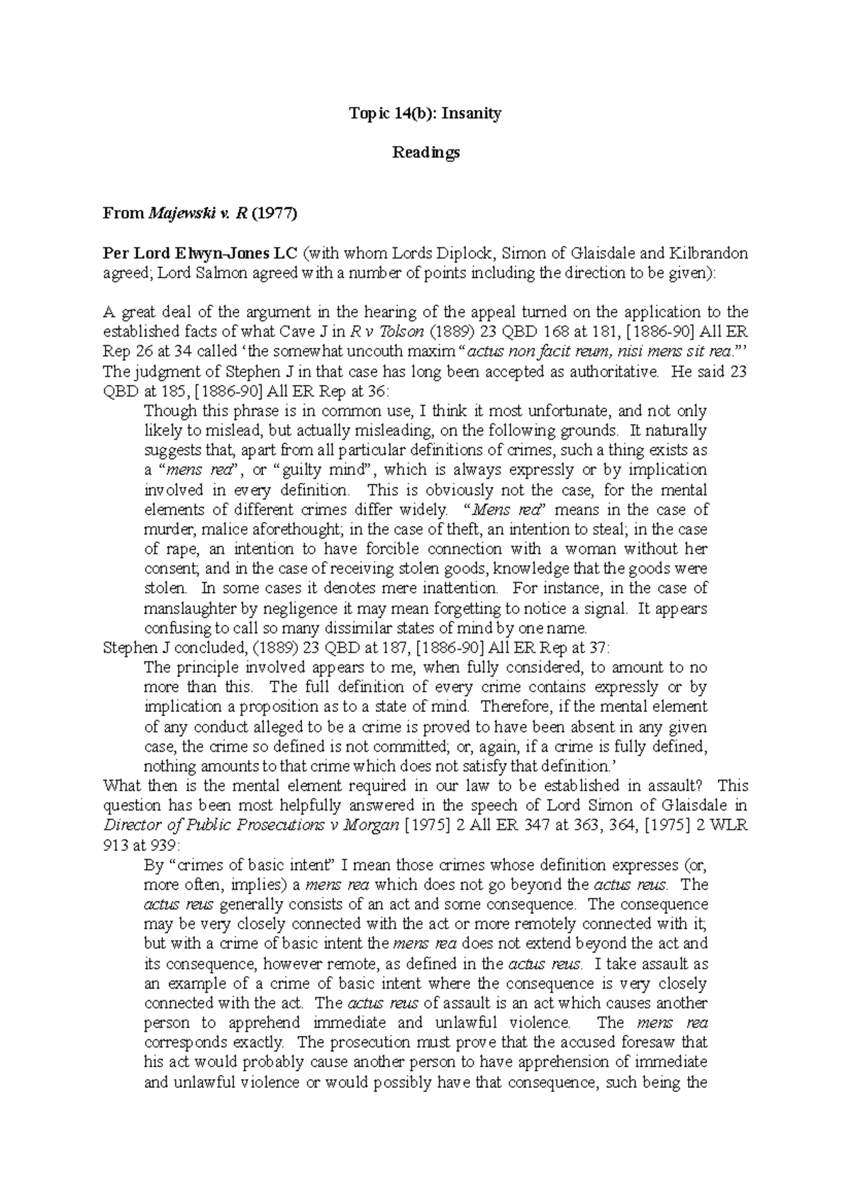 Topic 14(b) - Intoxication - Topic 14(b): Insanity Readings From ...