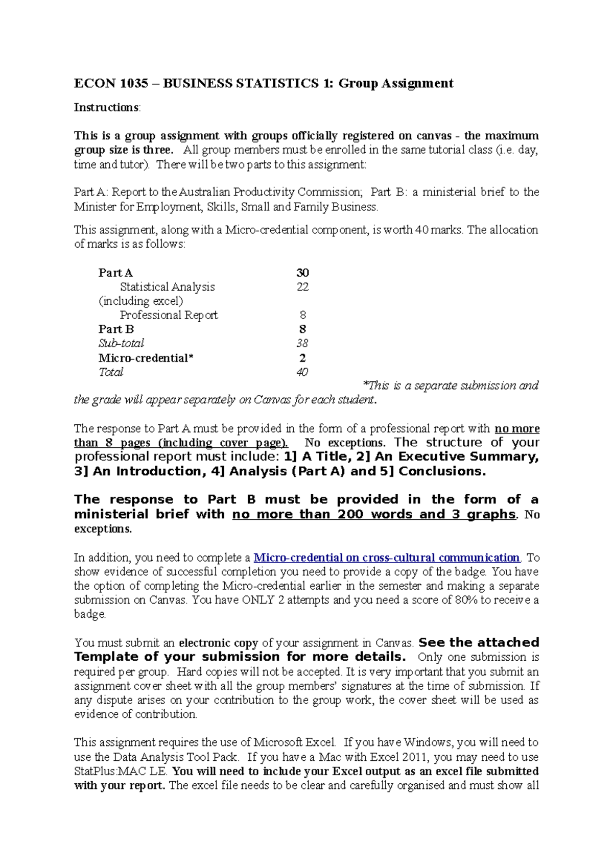 Group Assignment Instructions S2 2020 -SIM - ECON 1035 – BUSINESS ...