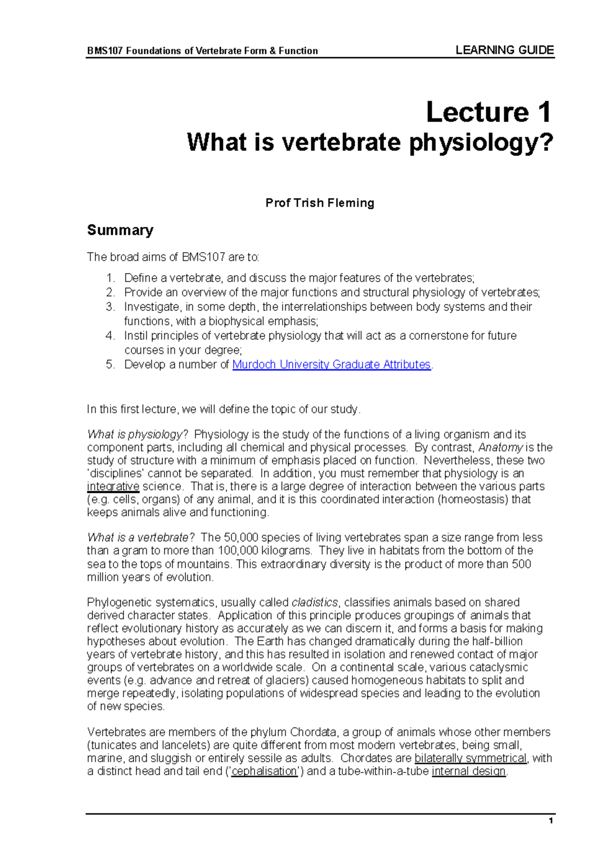 Bms107 introduction Learning Guide - Lecture 1 What is vertebrate ...