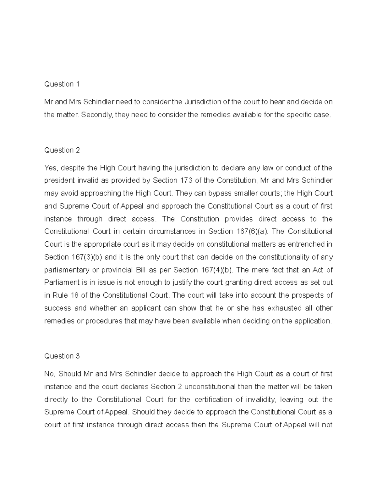 Human Rights LAW Assignment - Question 1 Mr and Mrs Schindler need to ...