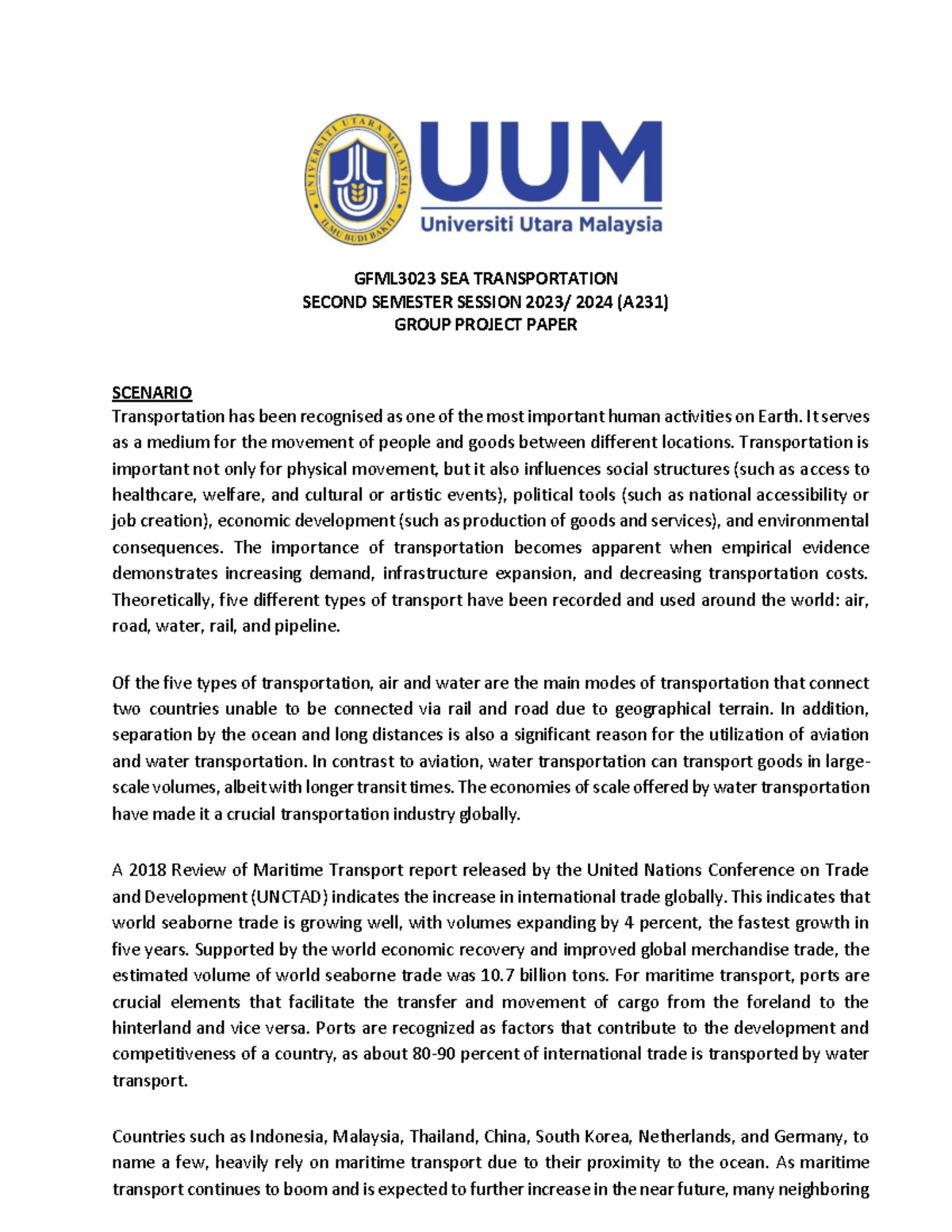 Group Project Paper A231 - GFML3023 SEA TRANSPORTATION SECOND SEMESTER ...