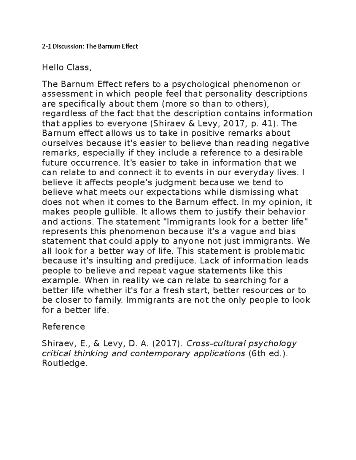 Discussion two Grade A - What is the Barnum effect, and how might it ...