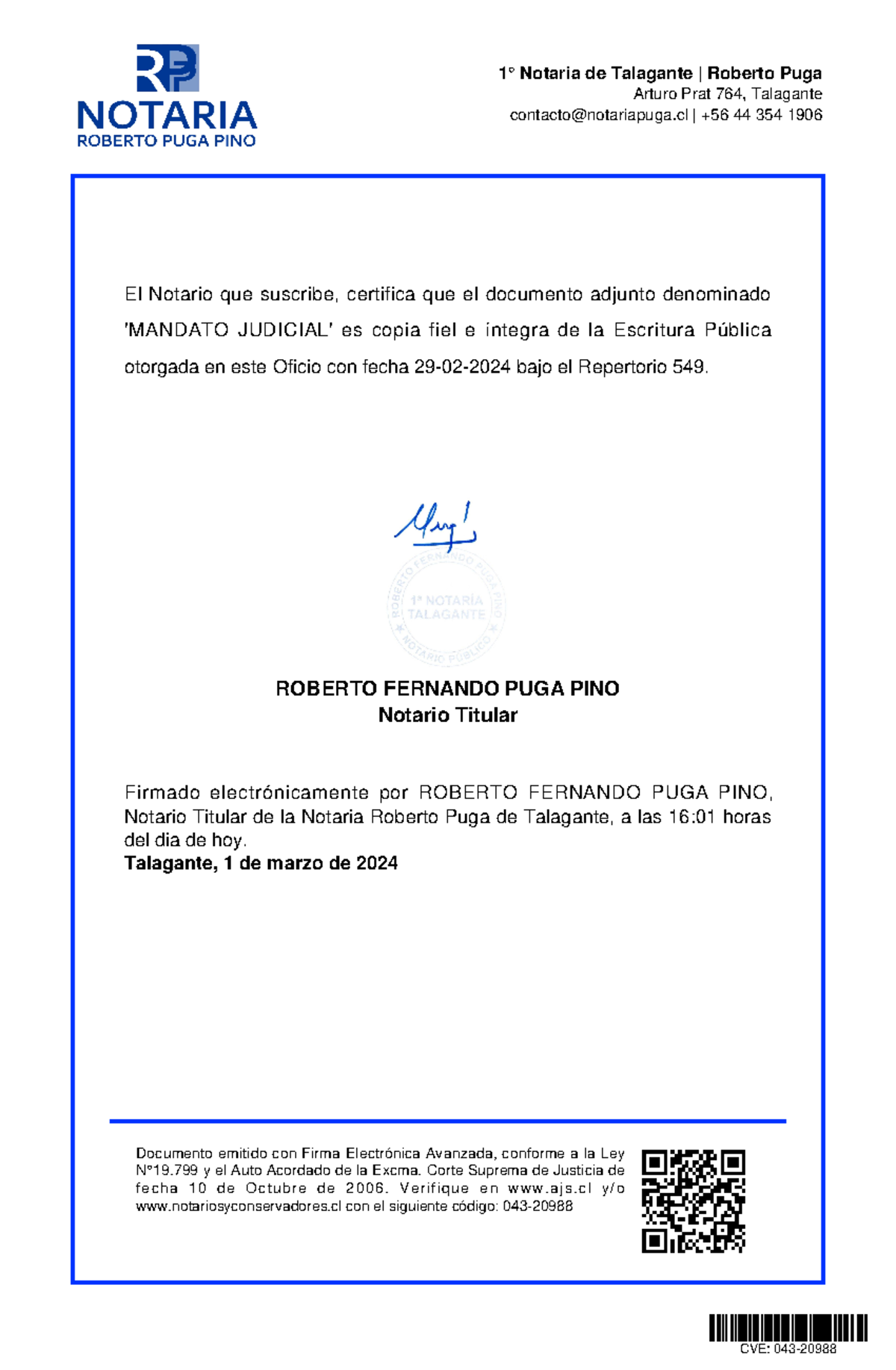 Mandato Judicial - CVE: 043- 1° Notaria de Talagante | Roberto Puga Arturo Prat 764, Talagante ...