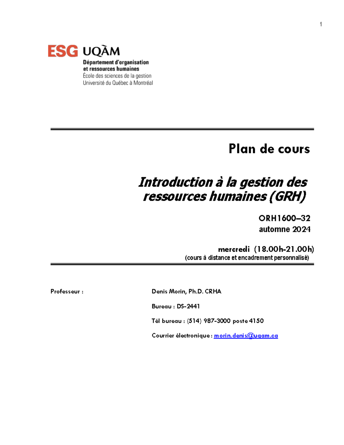 ORH1600 Automne 2024 - Plan de cours Introduction à la gestion des ...