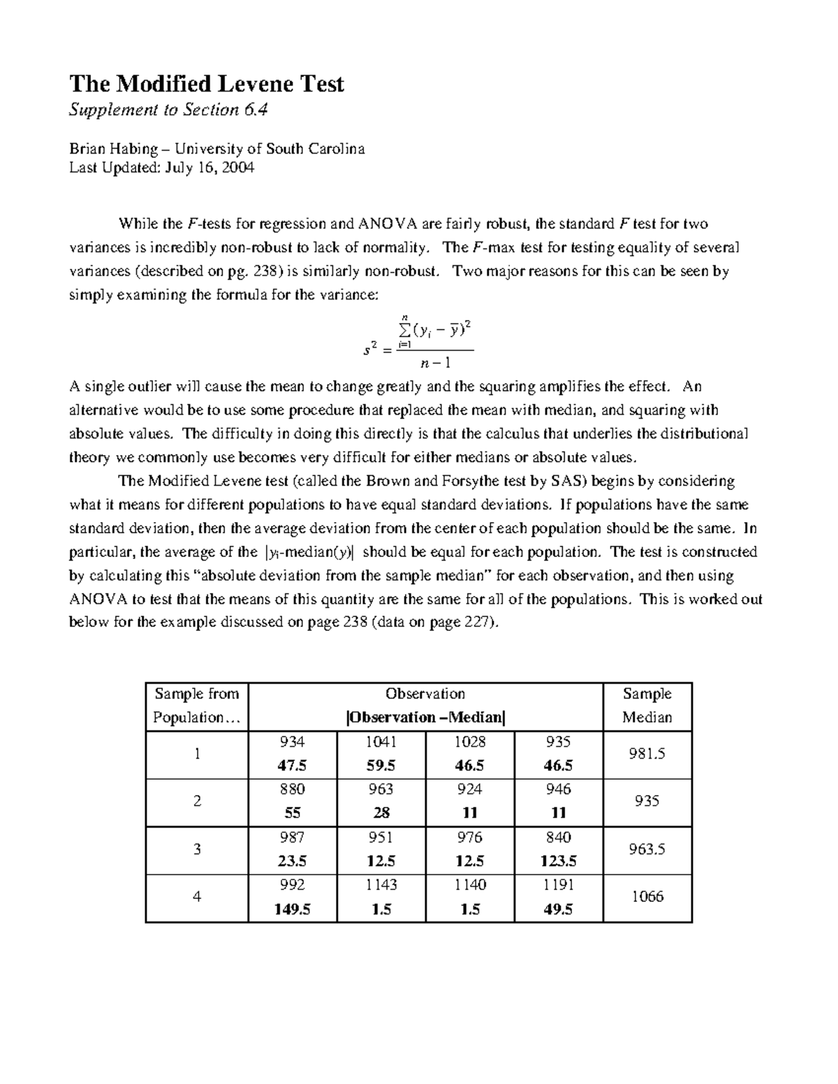 Modified levene's test - The Modified Levene Test Supplement to Section ...