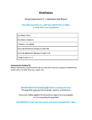 Chem 212 Distillation Lab Report - Distillation Group Experiment 1 – Individual Lab Report Last ...