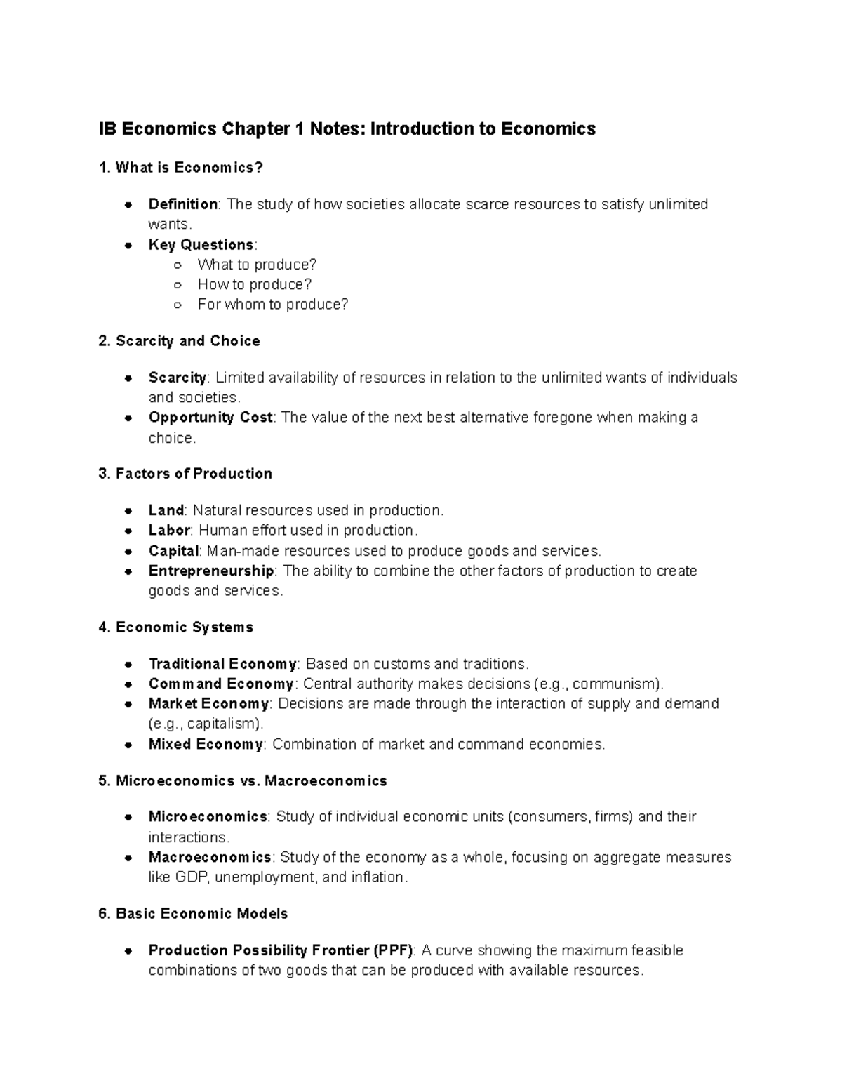 IB Economics Chapter 1 Notes Introduction to Economics - Key Questions ...