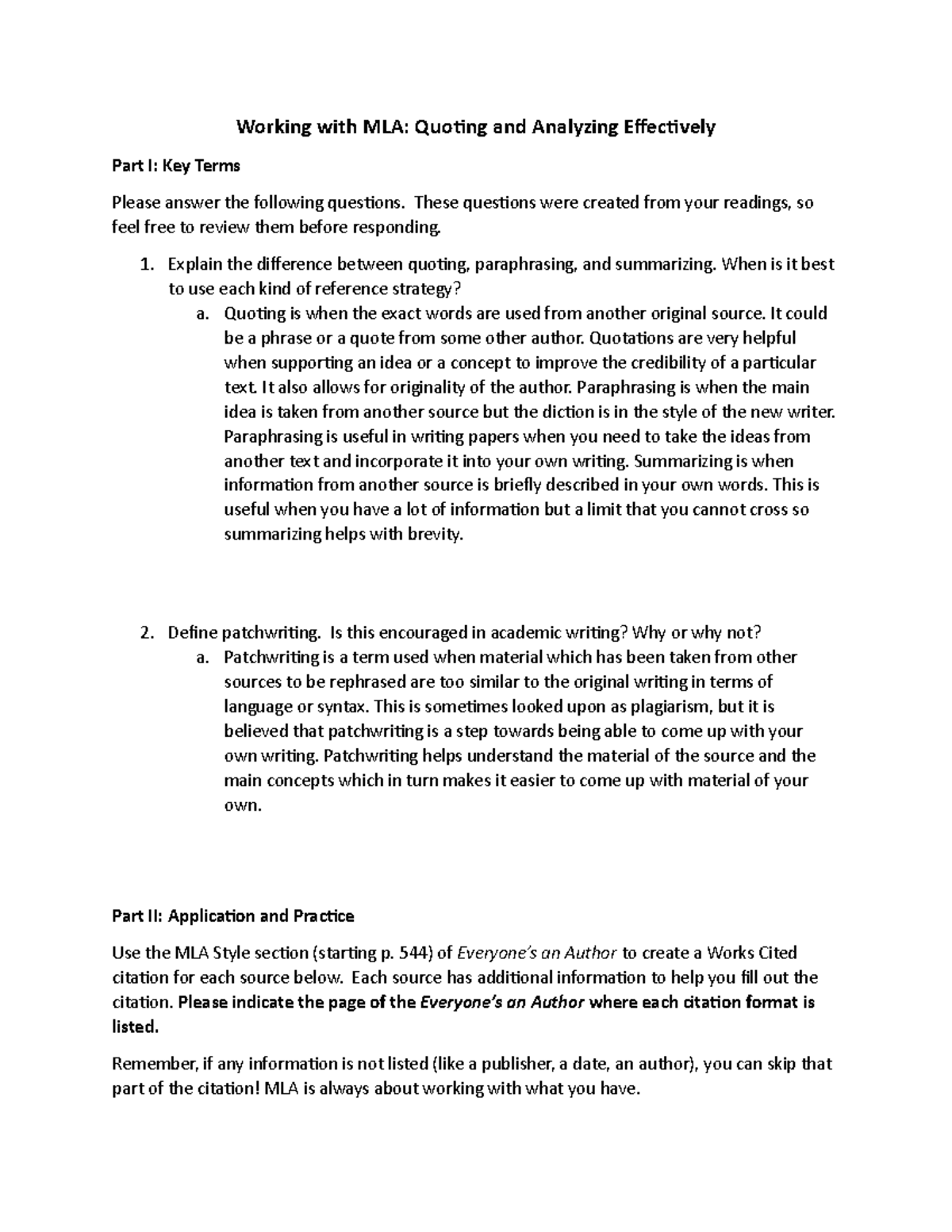 Mla Worksheet 1201 Assignment Working With Mla Quoting And Analyzing Effectively Part I