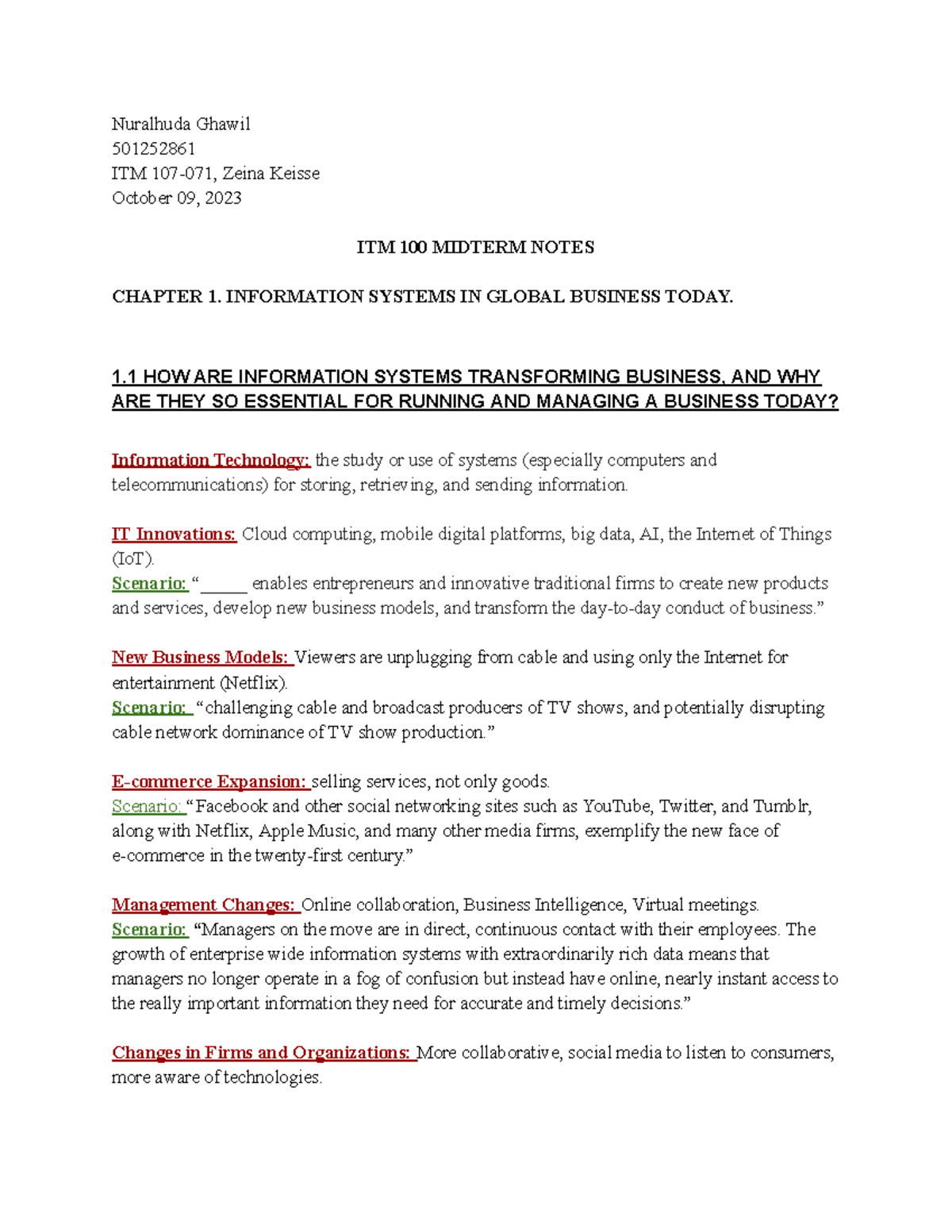 ITM 100 MID-TERM Notes - Nuralhuda Ghawil 501252861 ITM 107-071, Zeina ...