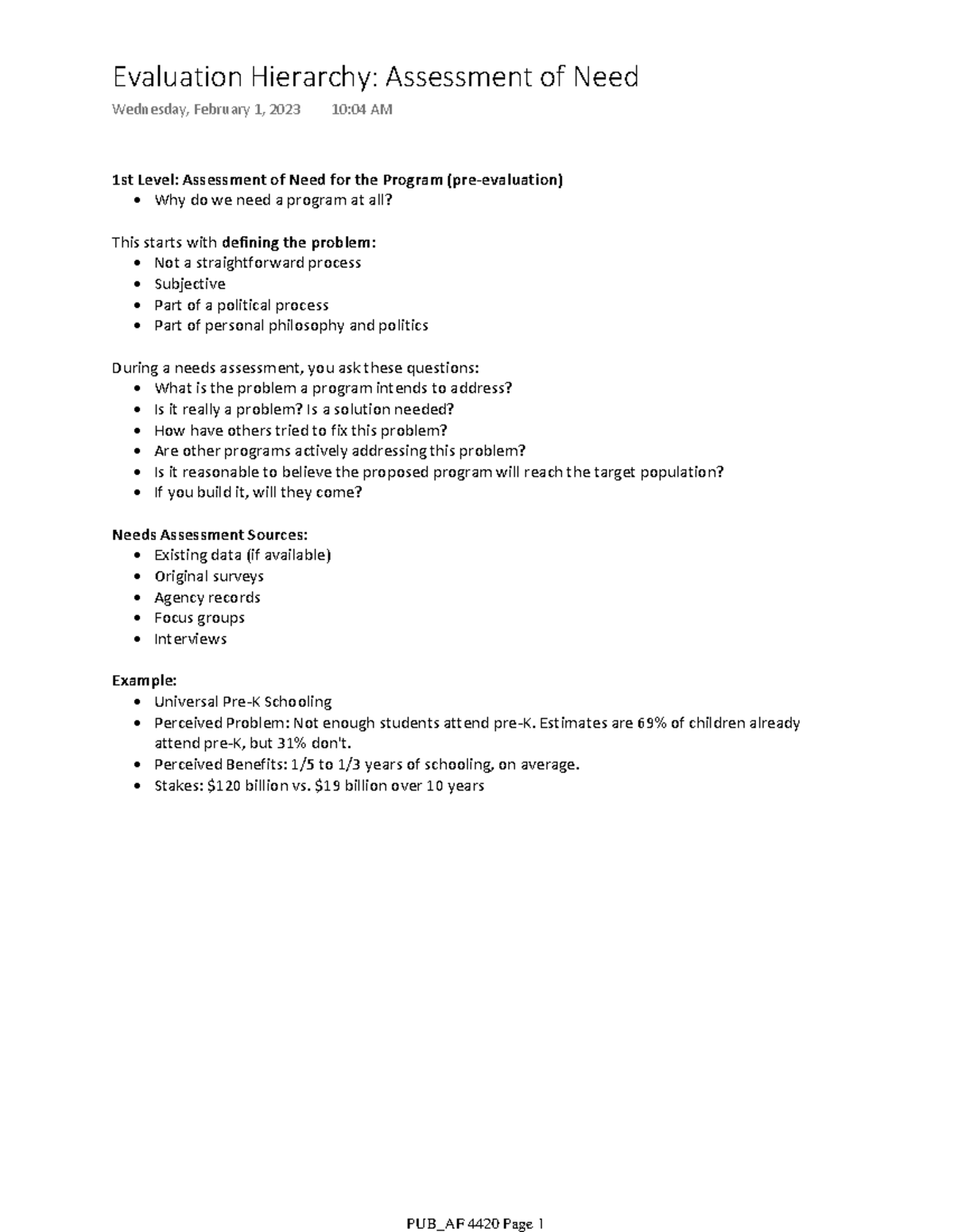 Evaluation Hierarchy Assessment of Need - 1st Level: Assessment of Need ...