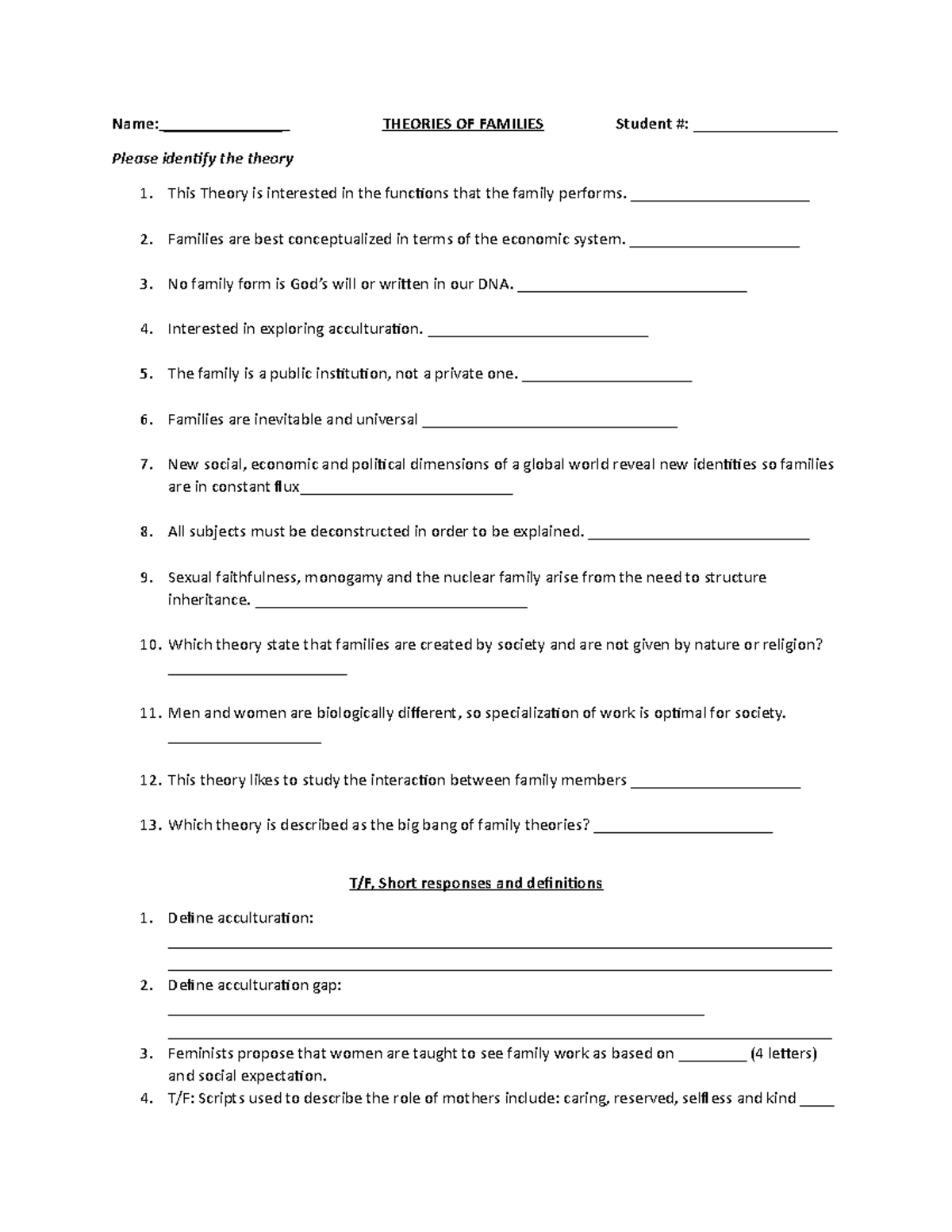 Theories of Families Activity Worksheet - Name: ______________ THEORIES ...