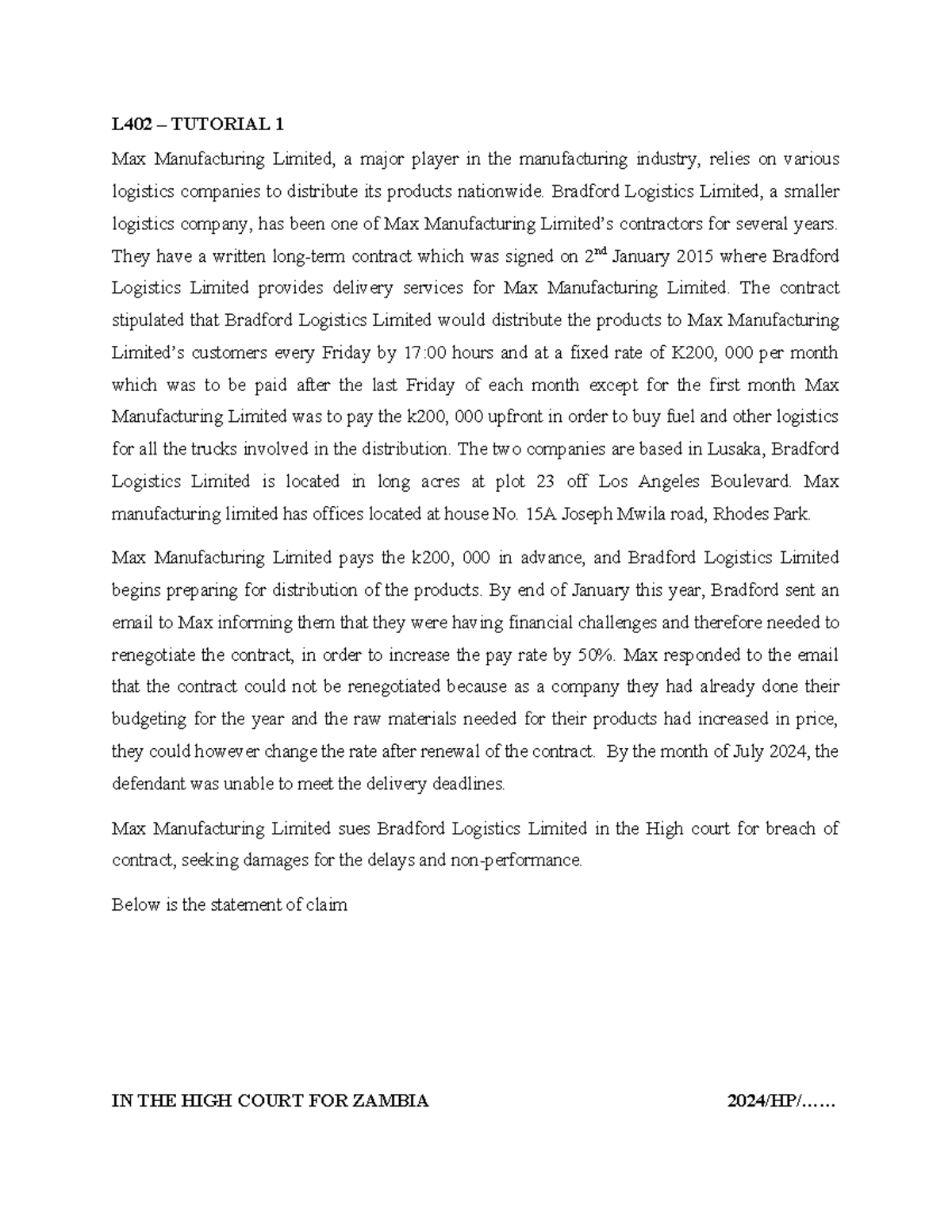 CCP1 - TUTORIAL - L402 – TUTORIAL 1 Max Manufacturing Limited, a major ...