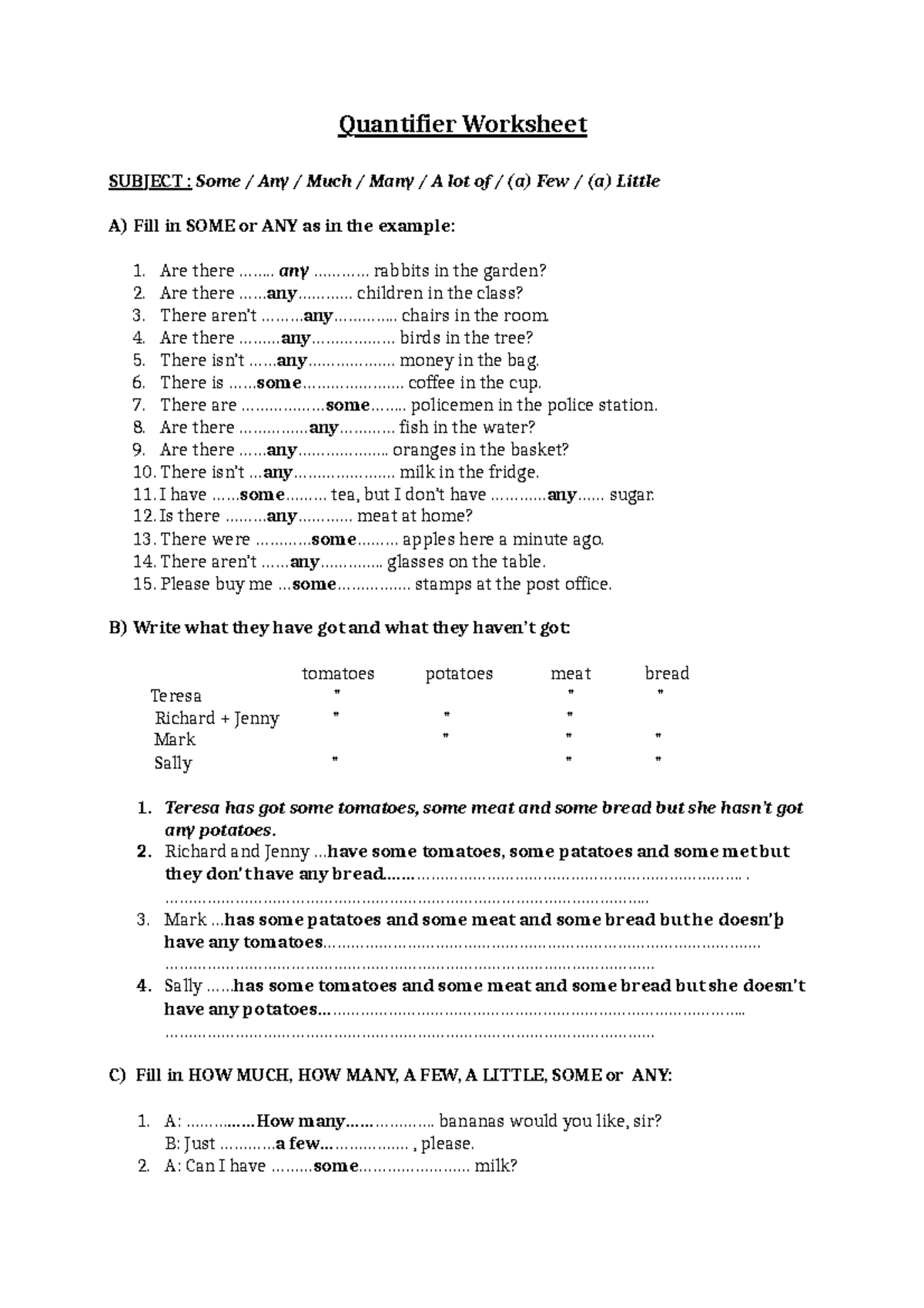 HV 2 Quantifier Worksheet - Quantifier Worksheet SUBJECT : Some / Any ...