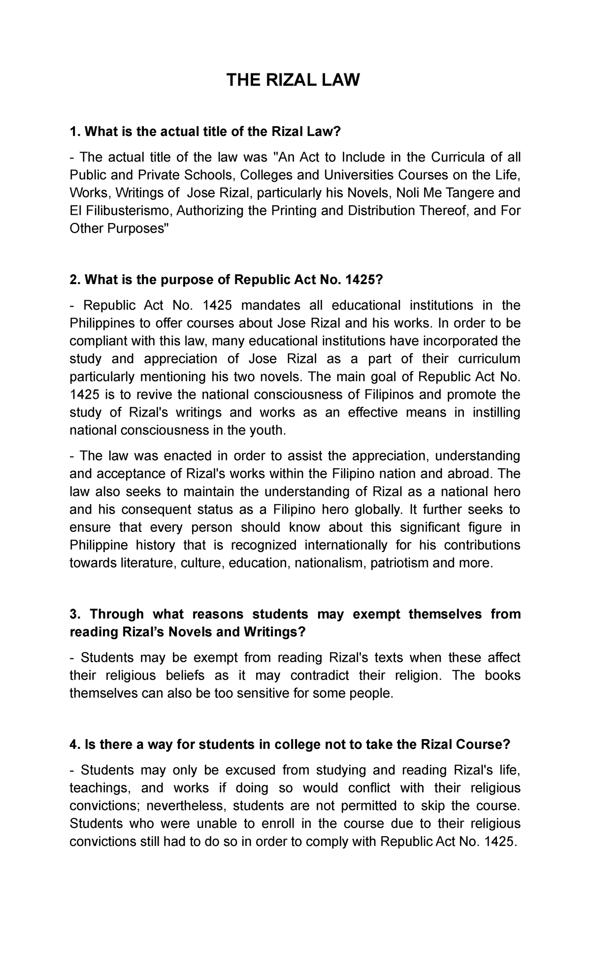 1-18 - Lectures of Rizal 1-18 - THE RIZAL LAW What is the actual title of the Rizal Law? The ...