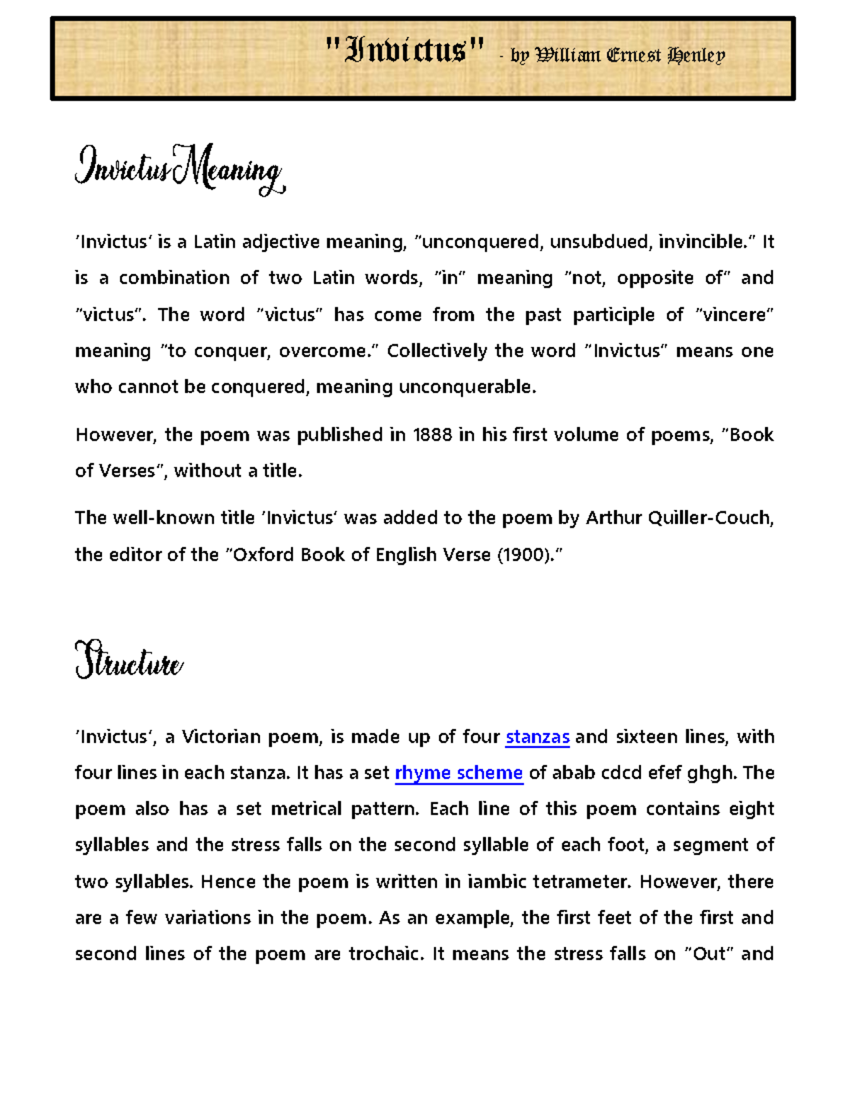 Invictus Summary and Analysis - ‘Invictus’ is a Latin adjective meaning ...