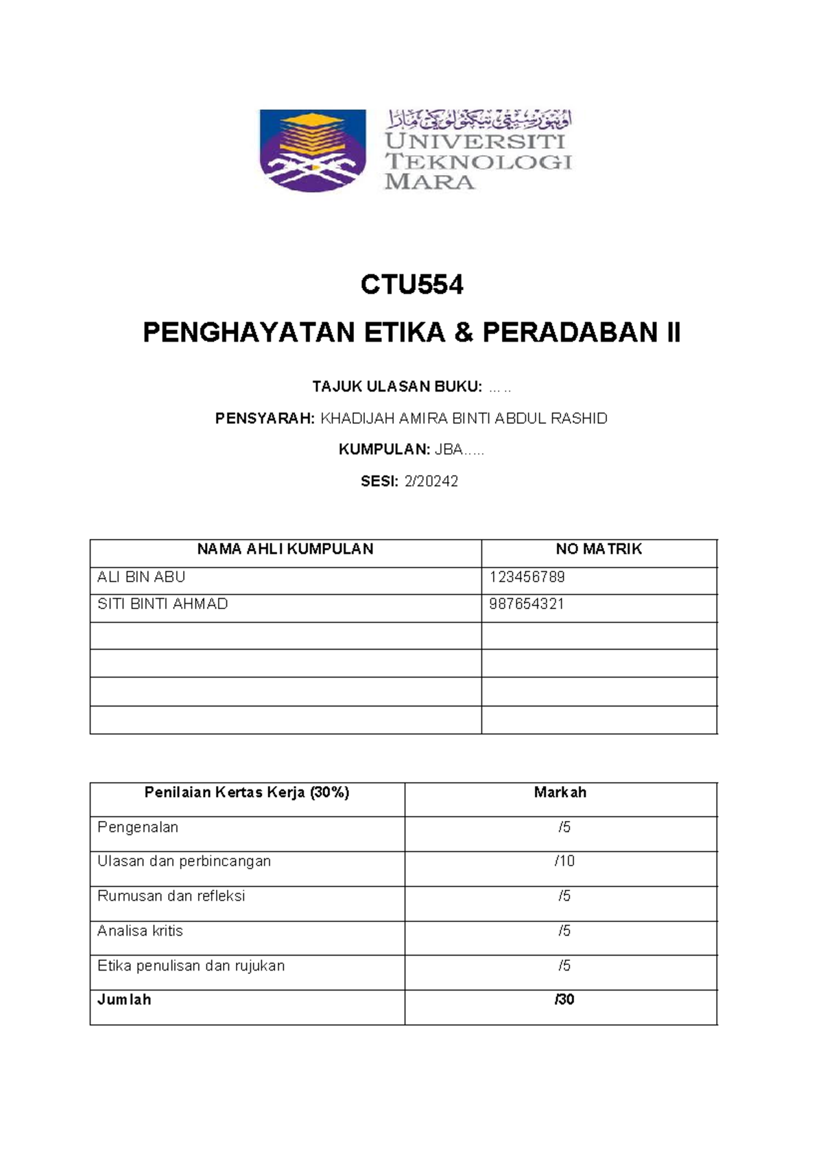 Coursework templete of CTU554 (Penghayatan Etika dan Peradaban) Ulasan ...