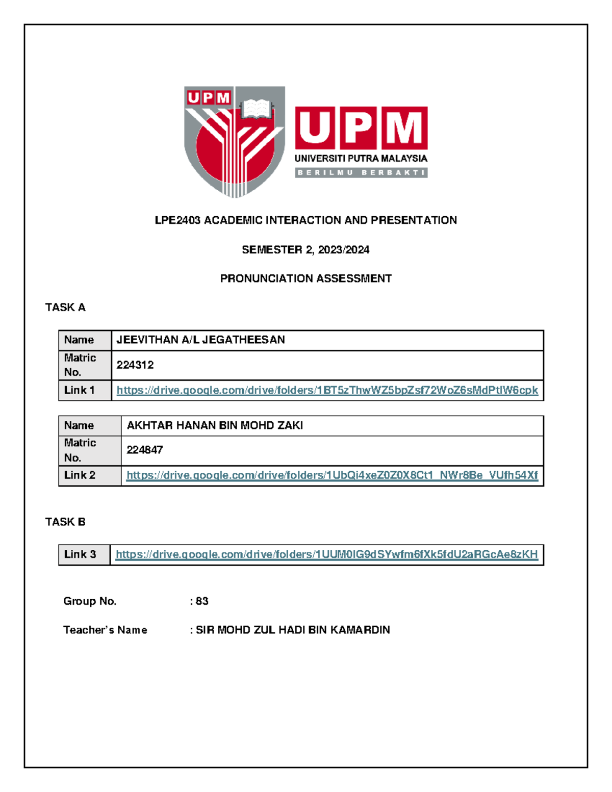 224312 & 224847 LPE2403 Pronounciation Assessment - LPE2 403 ACADEMIC ...