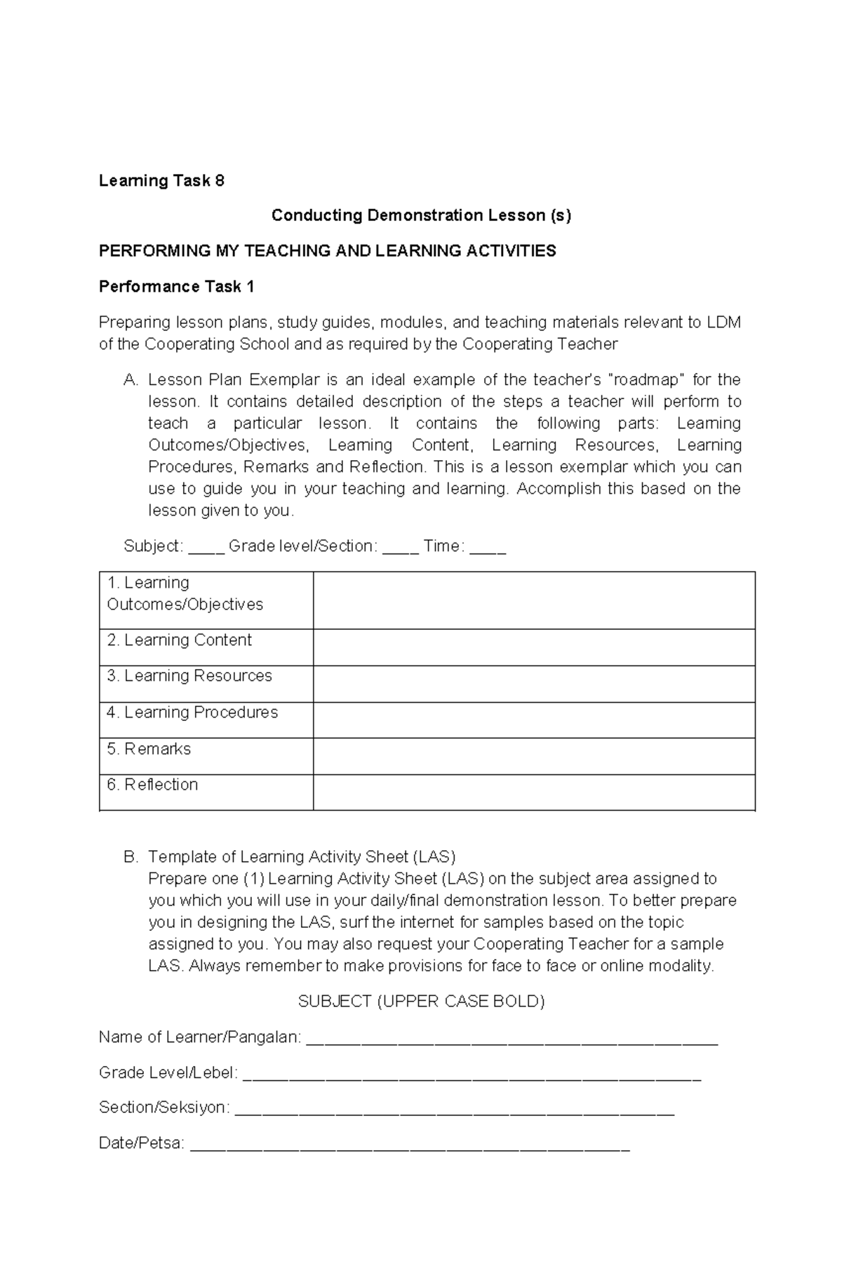 Learning-Task-8 - Learning Task - Learning Task 8 Conducting Demonstration Lesson (s) PERFORMING ...