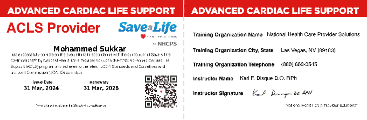 Acls advanced cardiac life support certification course card - Medical ...