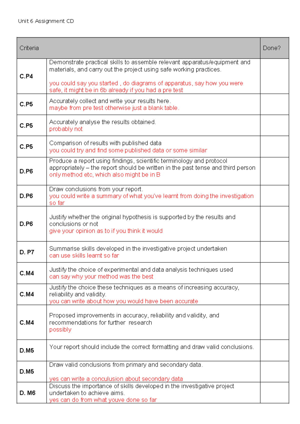 6CD-checklist - A essay checklist for unit 6D applied science - Unit 6 Assignment CD Criteria ...