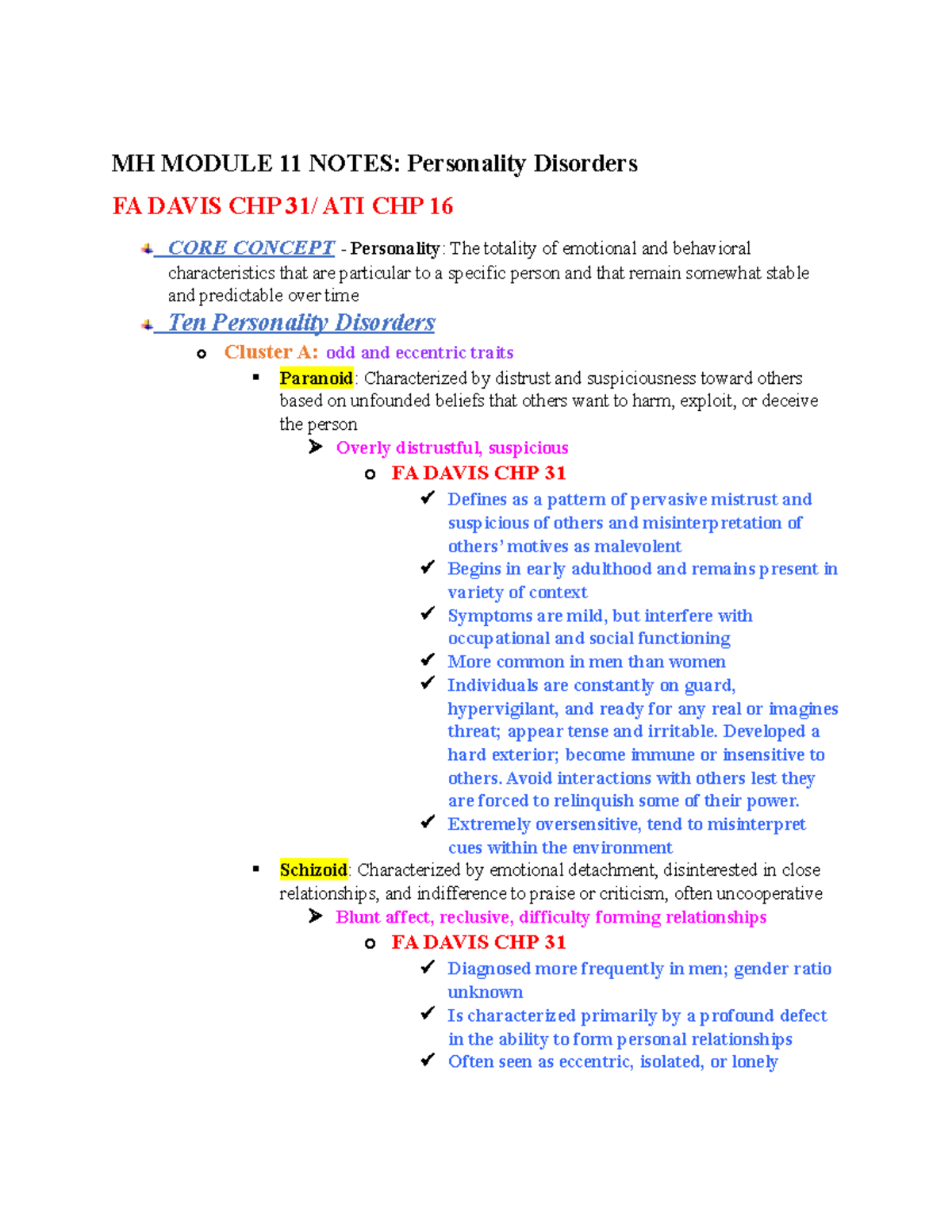MH Module 11 Notes - From FA Davis and ATI - MH MODULE 11 NOTES ...