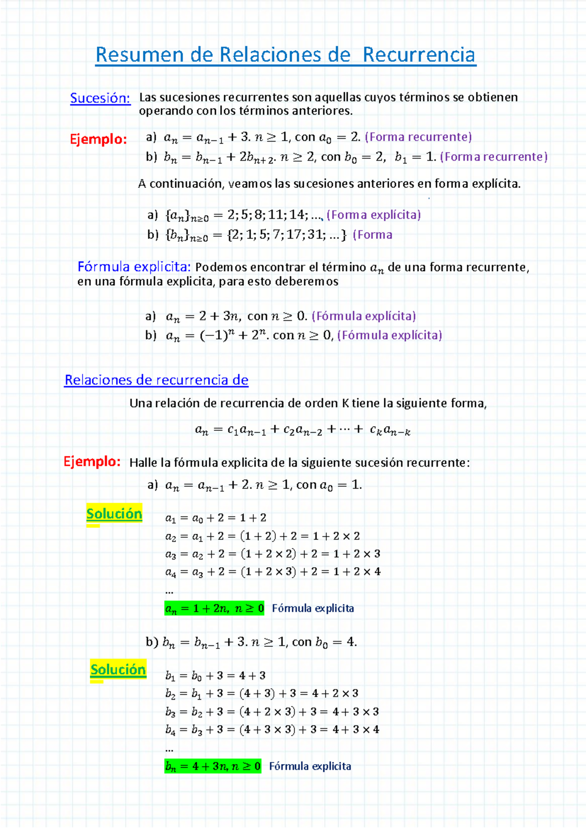 Sucesiones Recurrentes - Ejemplo: a) 𝑎𝑛 = 𝑎𝑛− 1 + 3. 𝑛 ≥ 1 , con 𝑎 0 ...