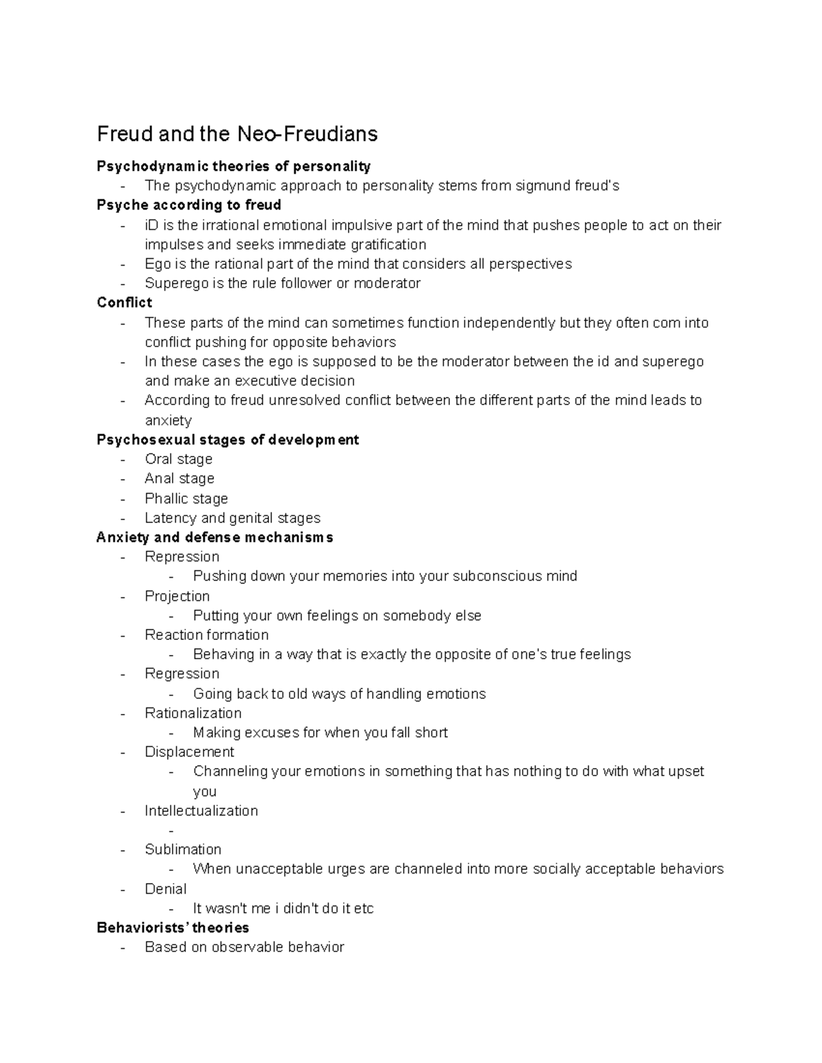 Psychology notes - Summary - Freud and the Neo-Freudians Psychodynamic ...