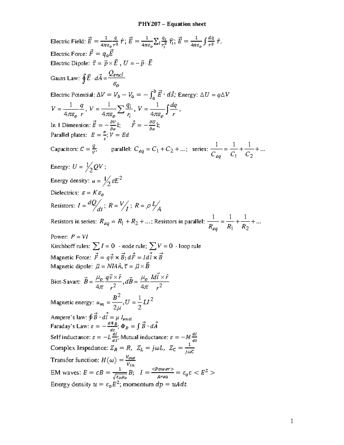 Equation Sheet - notes - PHY207 Equation sheet Electric Field: Electric ...
