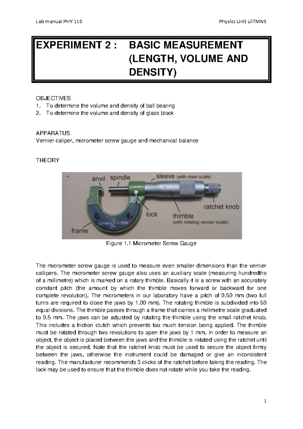Experiment 2 Basic Measurement - EXPERIMENT 2 : BASIC MEASUREMENT (LENGTH, VOLUME AND DENSITY ...