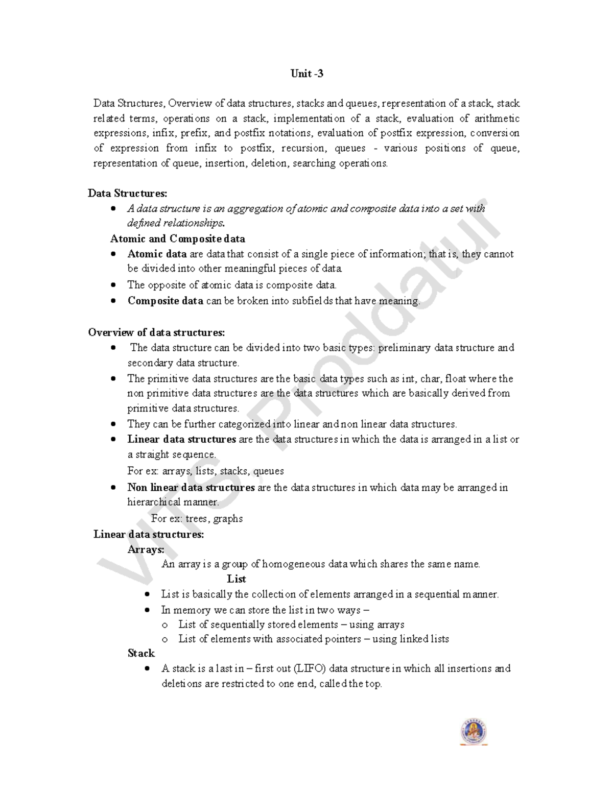 UNIT-3 C&DS - 114 VITS, Data Structures, Overview of data related terms, operations on a stack ...