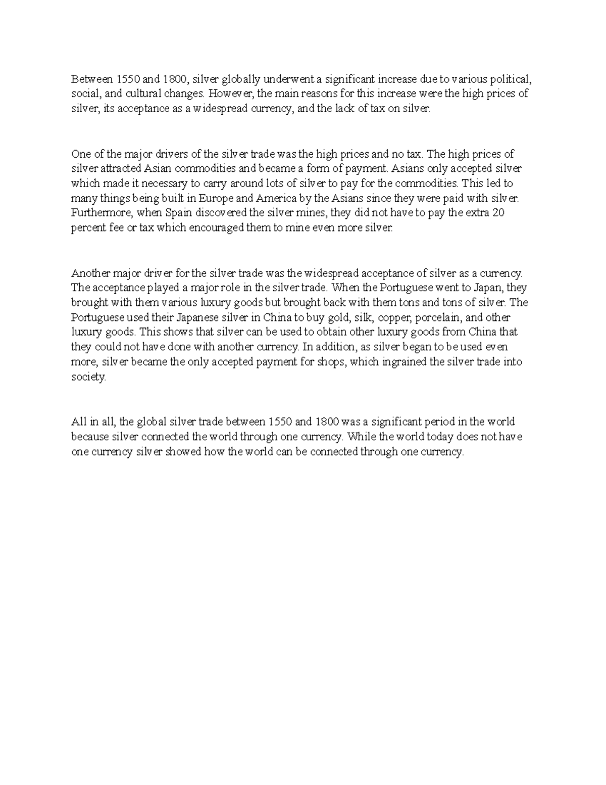 Silver Trade DBQ - DBQ - Between 1550 and 1800, silver globally ...
