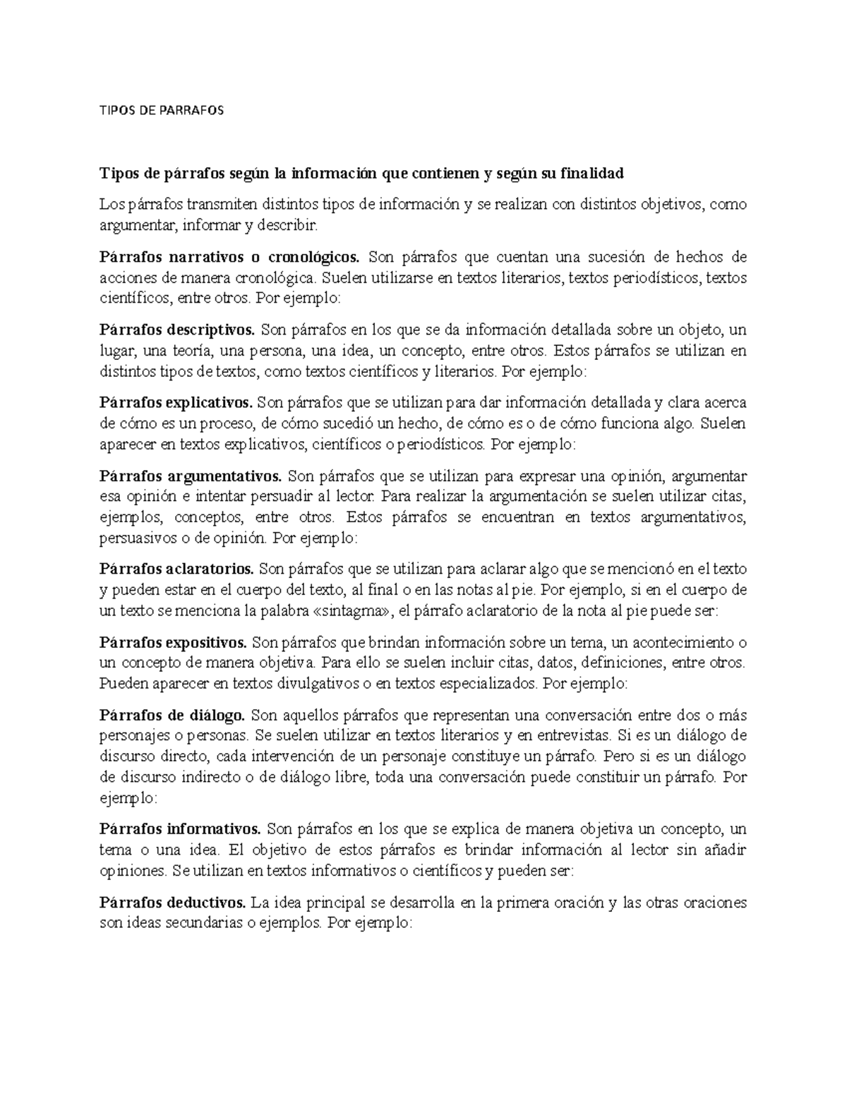 Tipos DE Parrafos - TIPOS DE PARRAFOS Tipos de párrafos según la ...