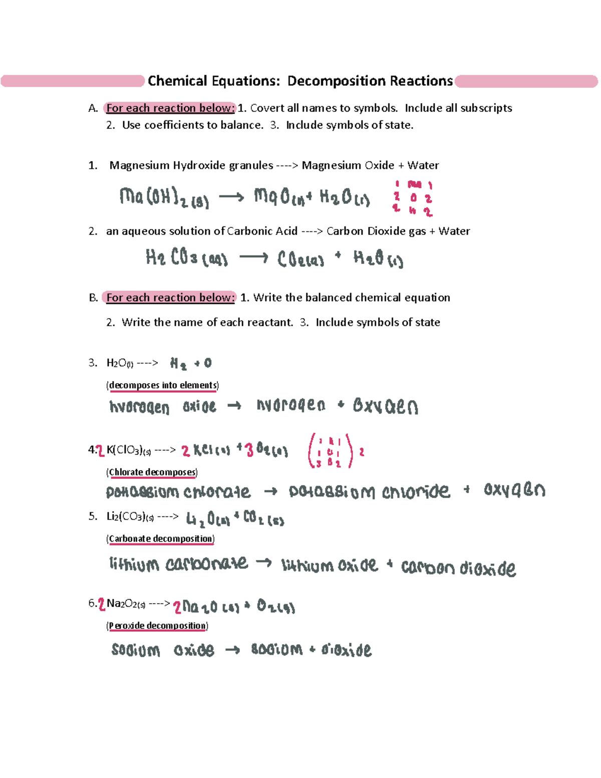 Decomp reactions worksheet - Chemical Equations: Decomposition ...