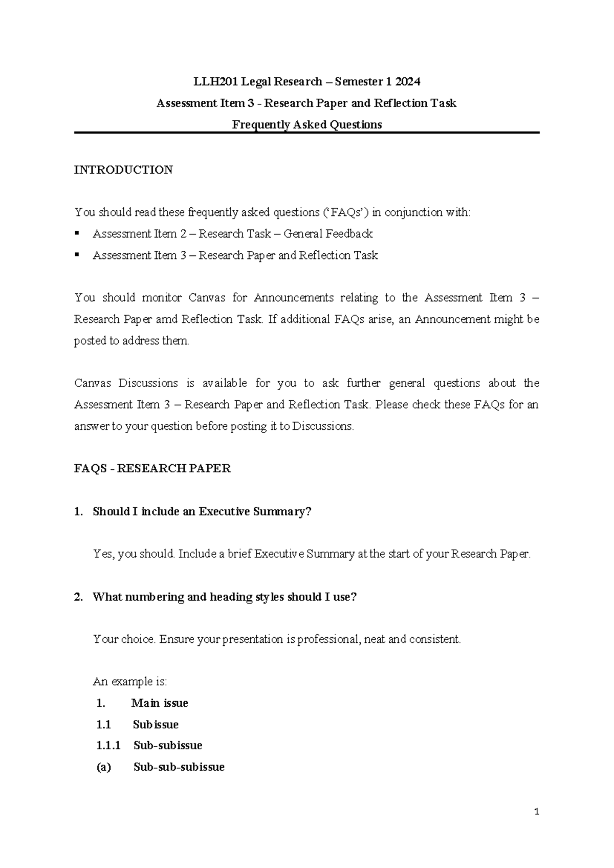FAQ's Assessment 2 - LLH201 Legal Research – Semester 1 2024 Assessment ...