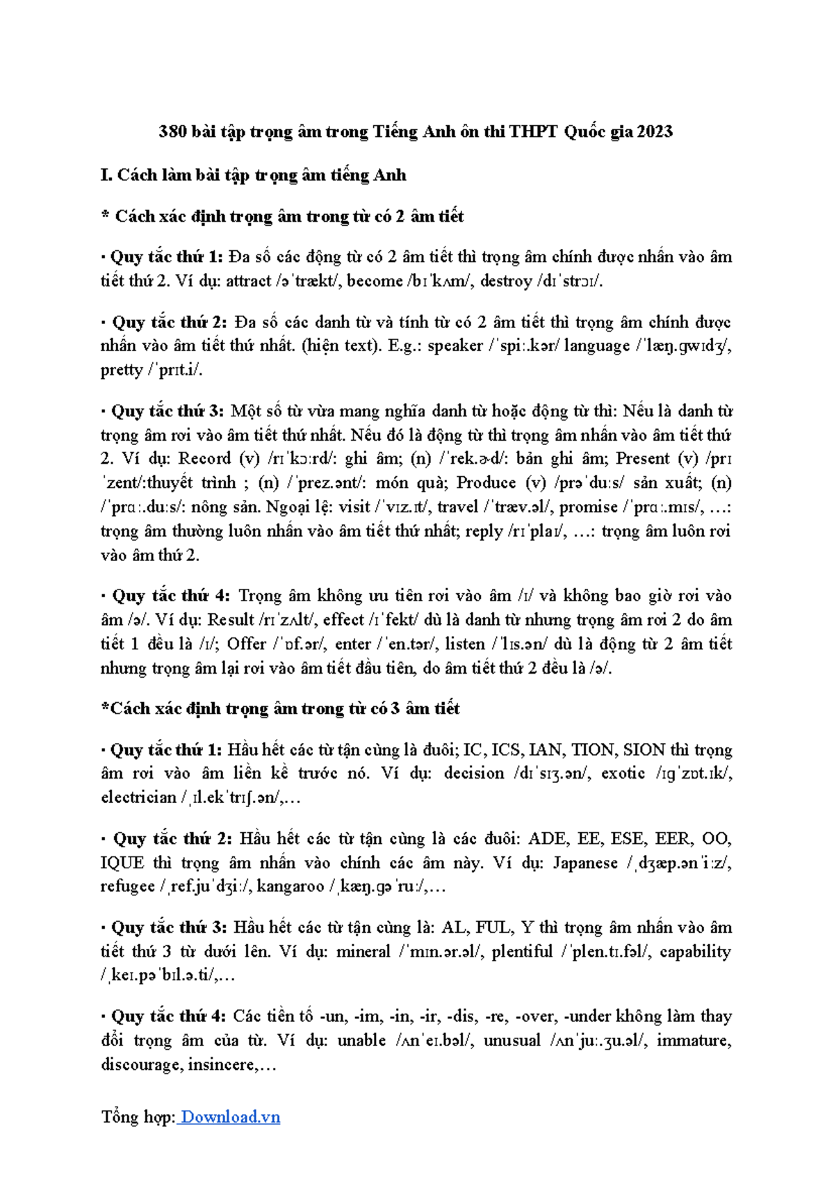 Bai tap trong am on thi thpt quoc gia - 380 bài tập trọng âm trong ...