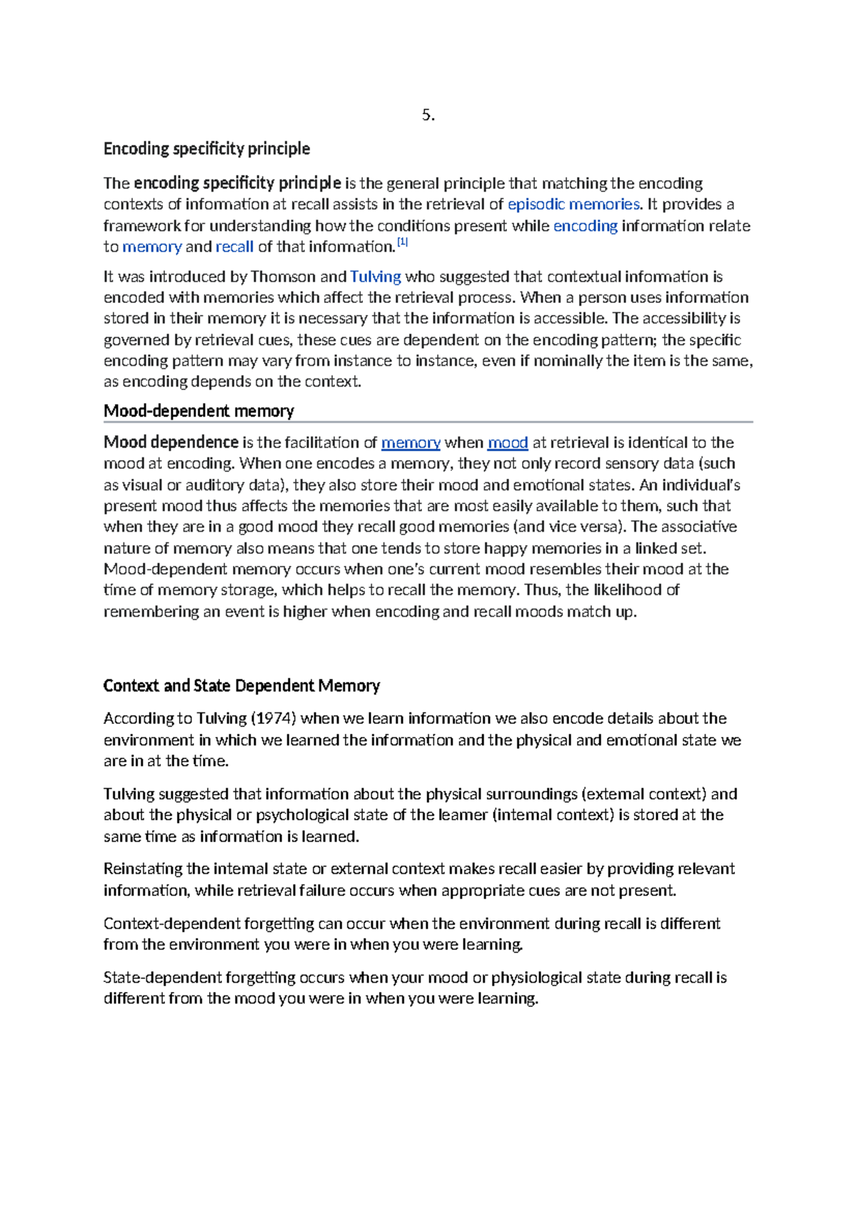 Model 5 - cognitive psychology - 5. Encoding specificity principle The ...