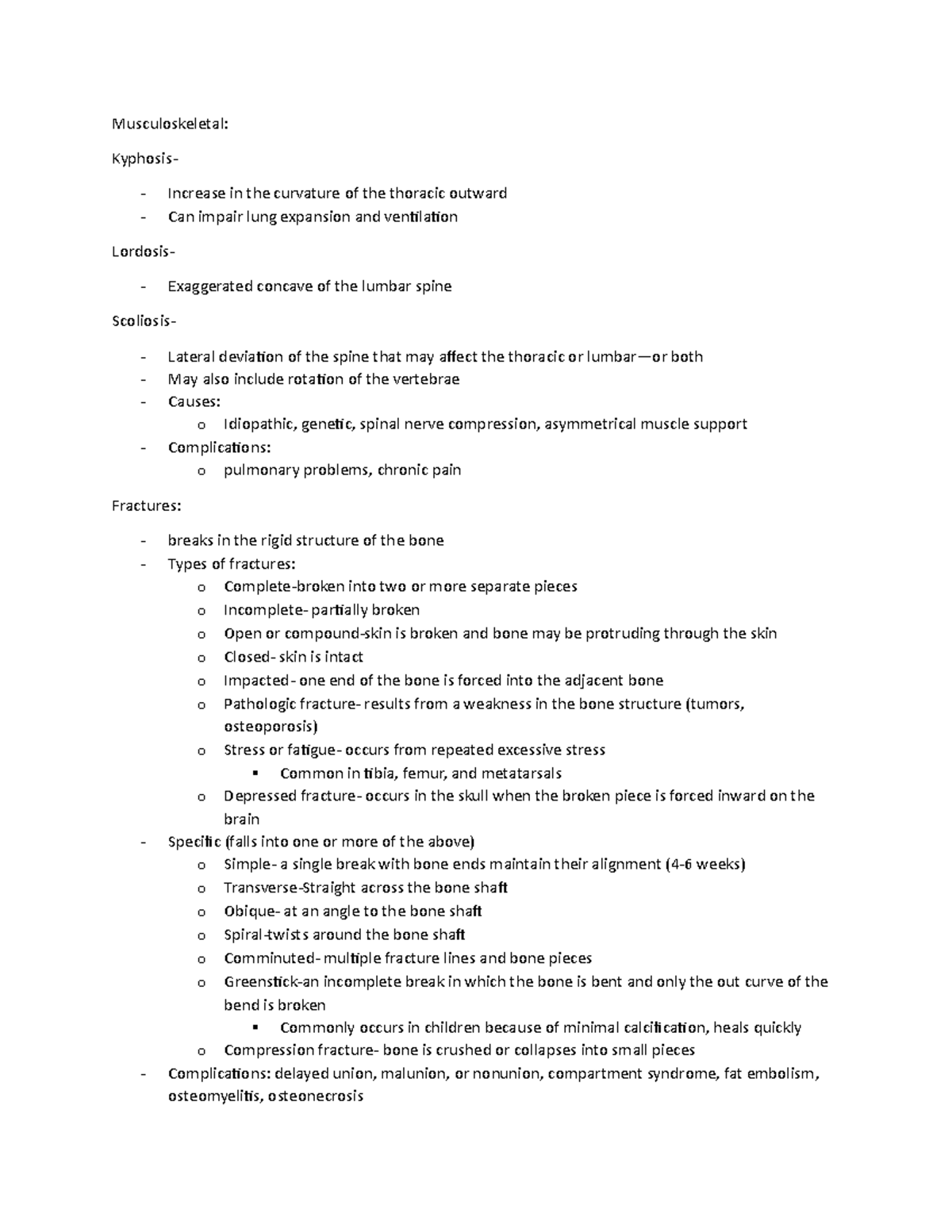 Musculoskeletal notes - Musculoskeletal: Kyphosis- Increase in the ...