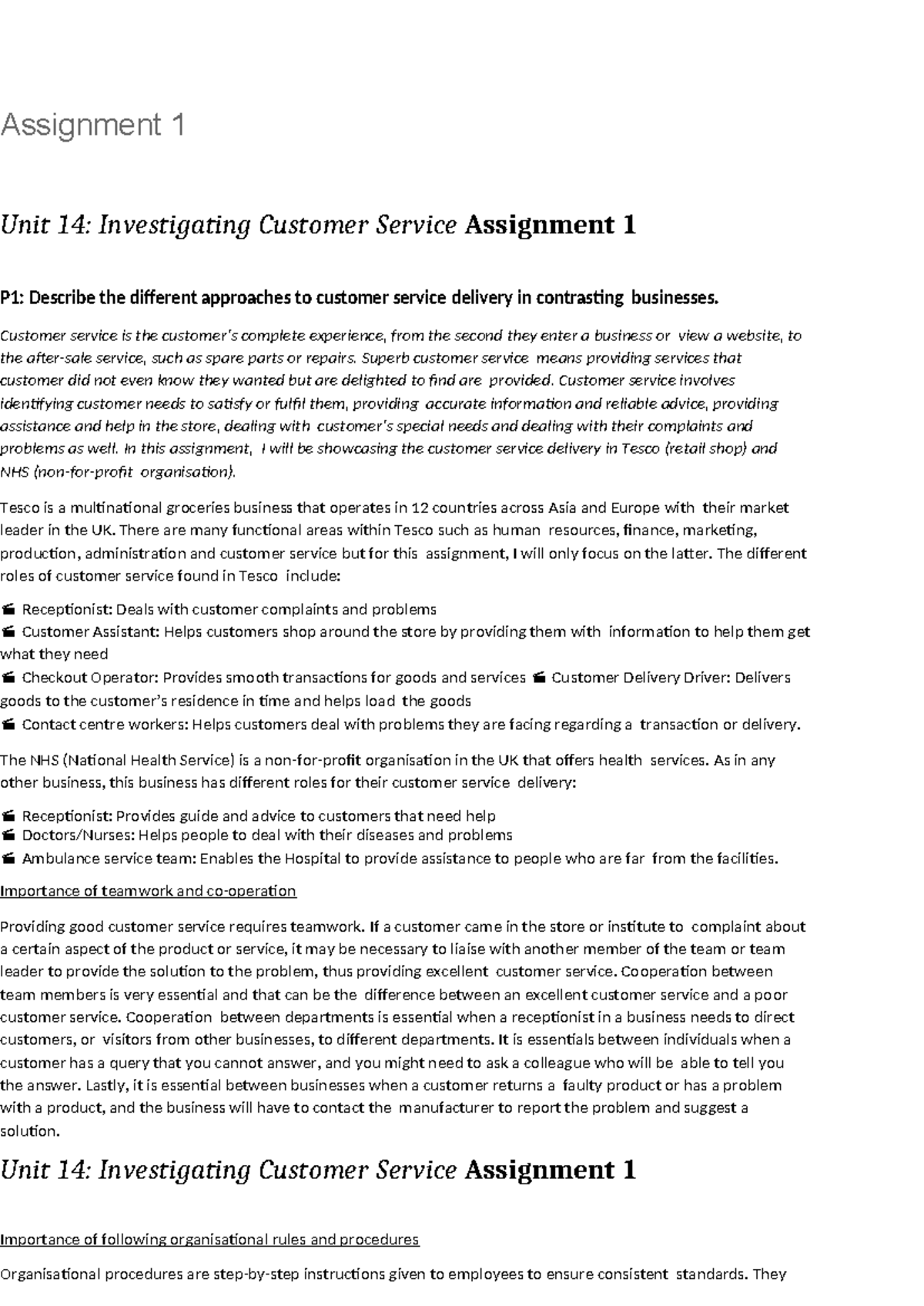 Assignment.1 U14 - Assignment for U14 customer service - Assignment 1 ...