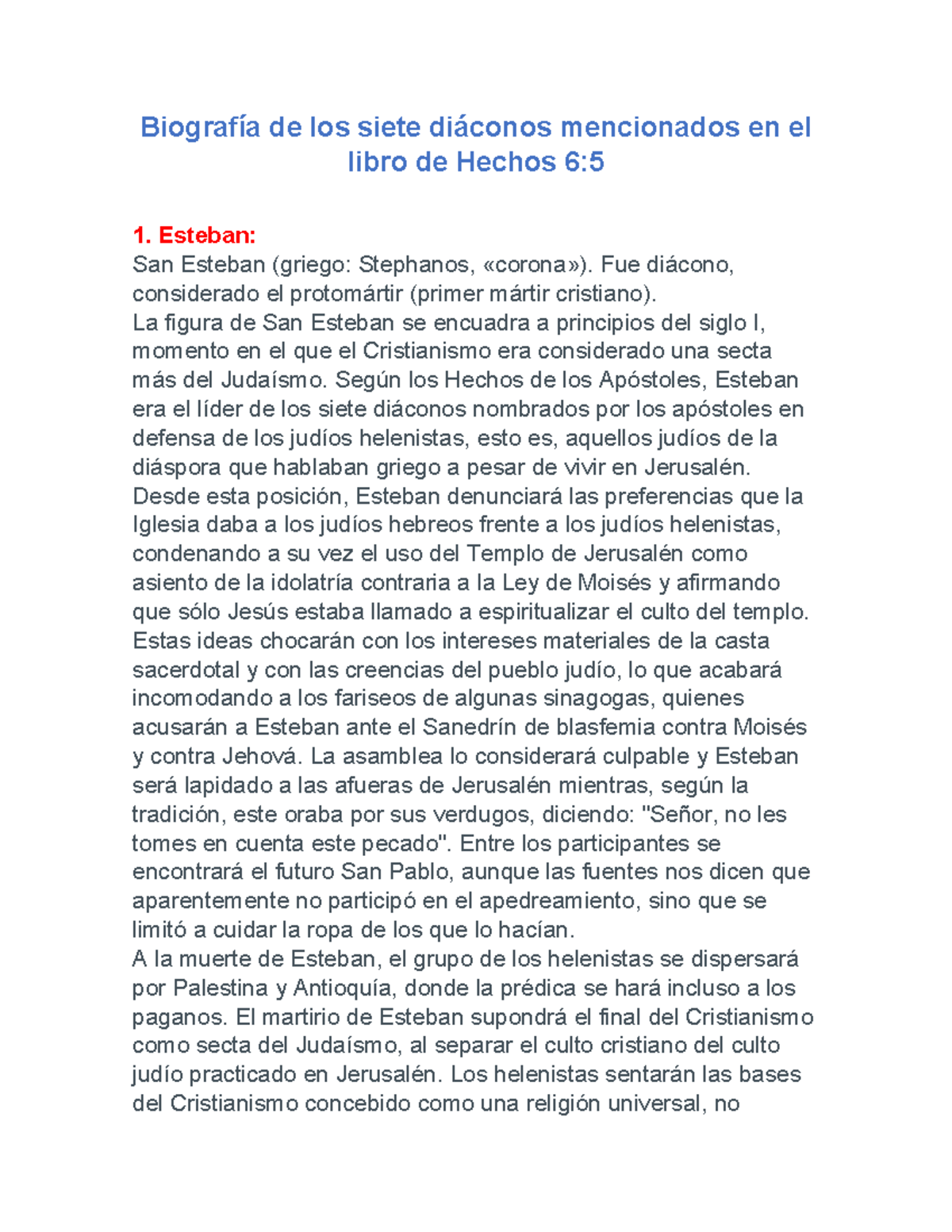 Biografía de los siete diáconos mencionados en el libro de Hechos 6 ...