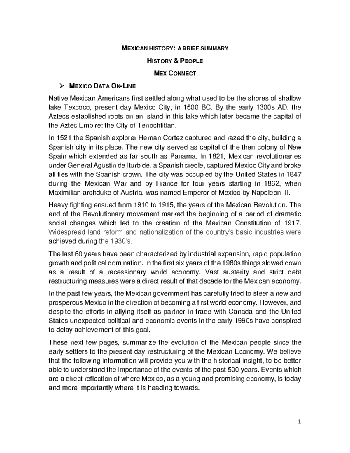 Mexican History Mexconnect - MEXICAN HISTORY: A BRIEF SUMMARY HISTORY ...