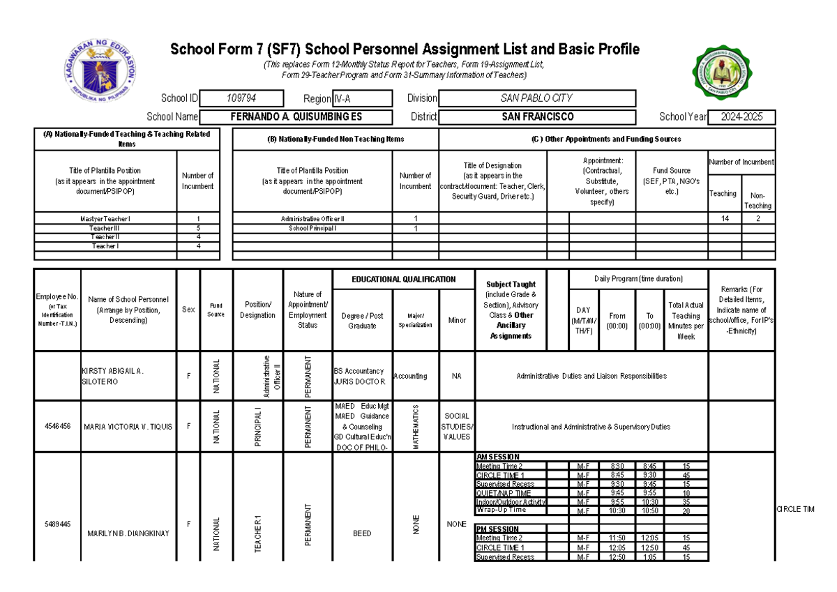 FAQ ES- SF7 S.Y. 2024-2025-(July 19-2024) - Region IV-A Teaching Non- Teaching 1 14 2 1 Degree ...
