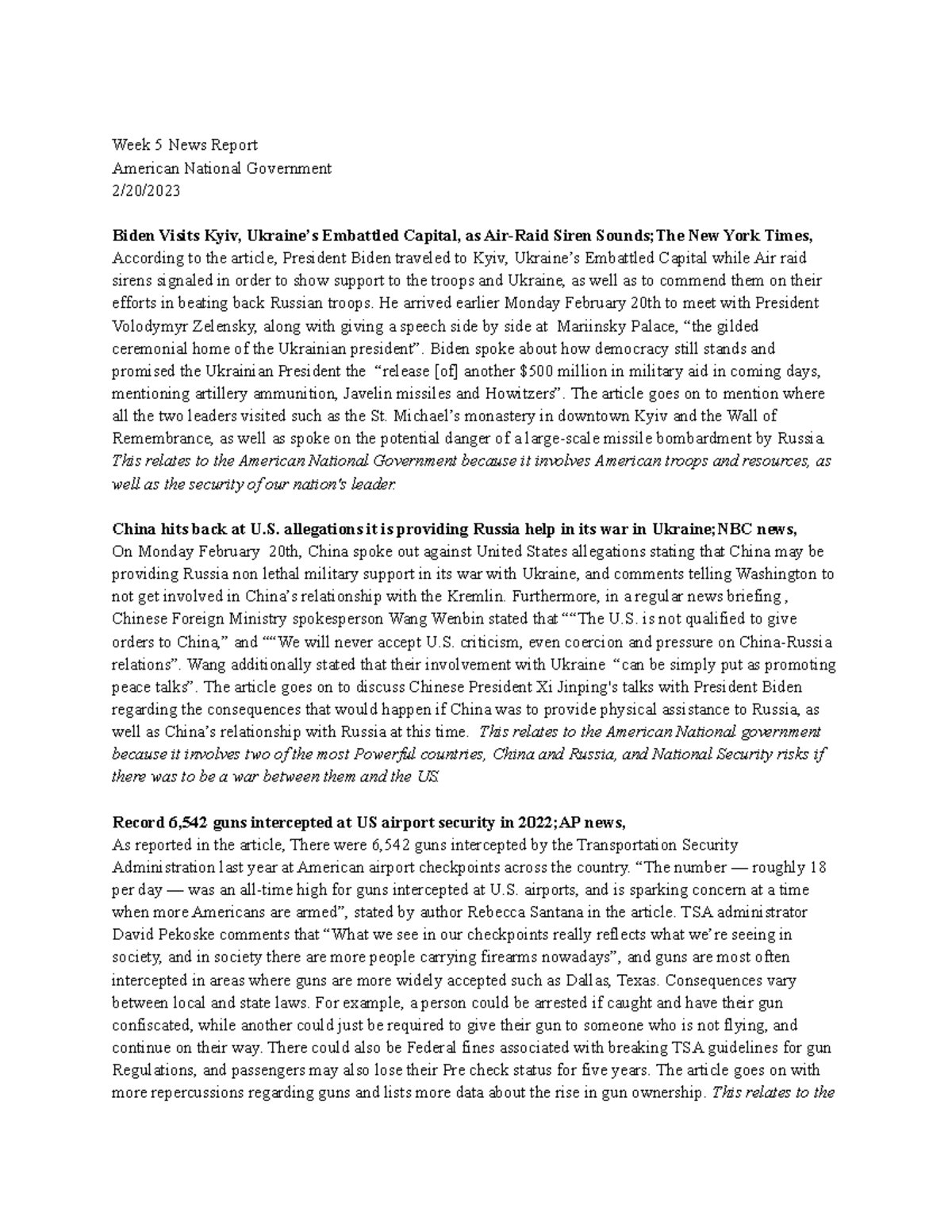 Weekly Report 5 - Week 5 News Report American National Government 2/20 ...