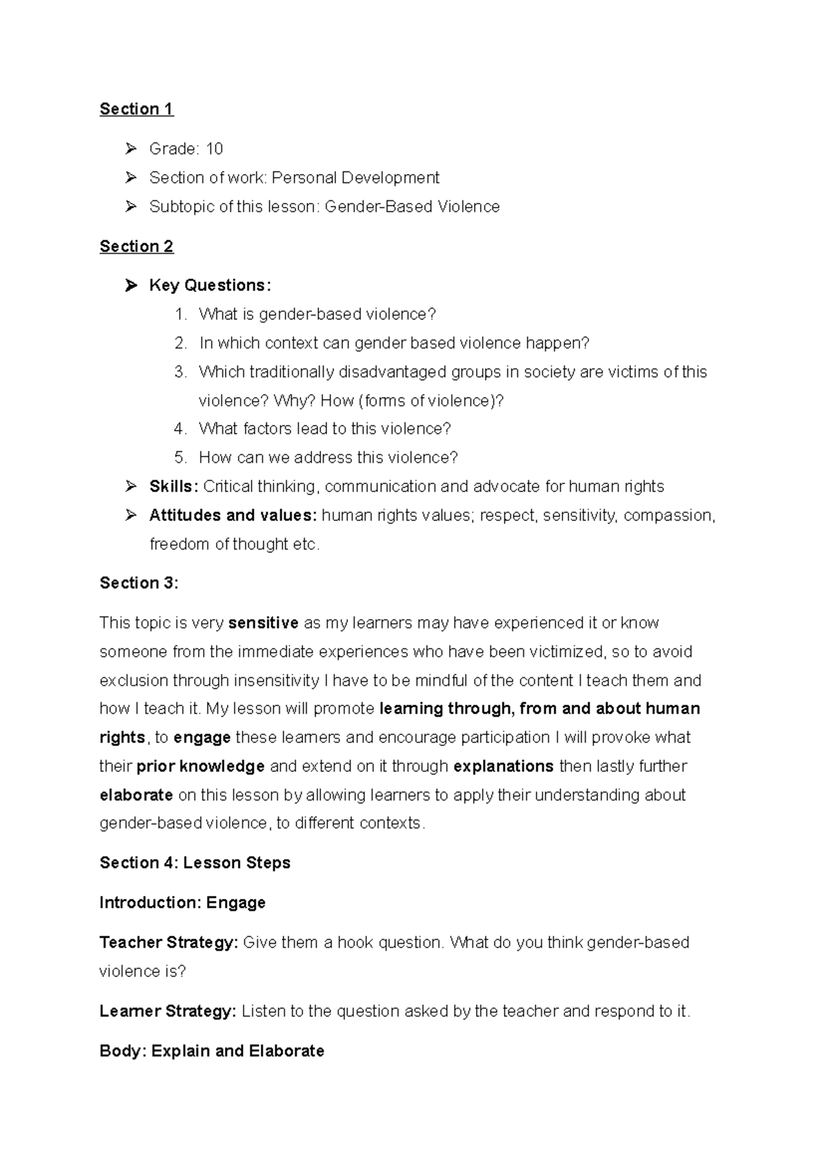 Complete Lesson plan Grade 10, 10 August - Section 1 Grade: 10 Section ...