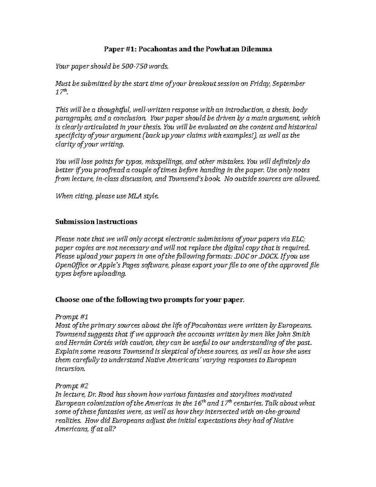 Prompt for Paper #1, fall 2021 - Paper #1: Pocahontas and the Powhatan ...