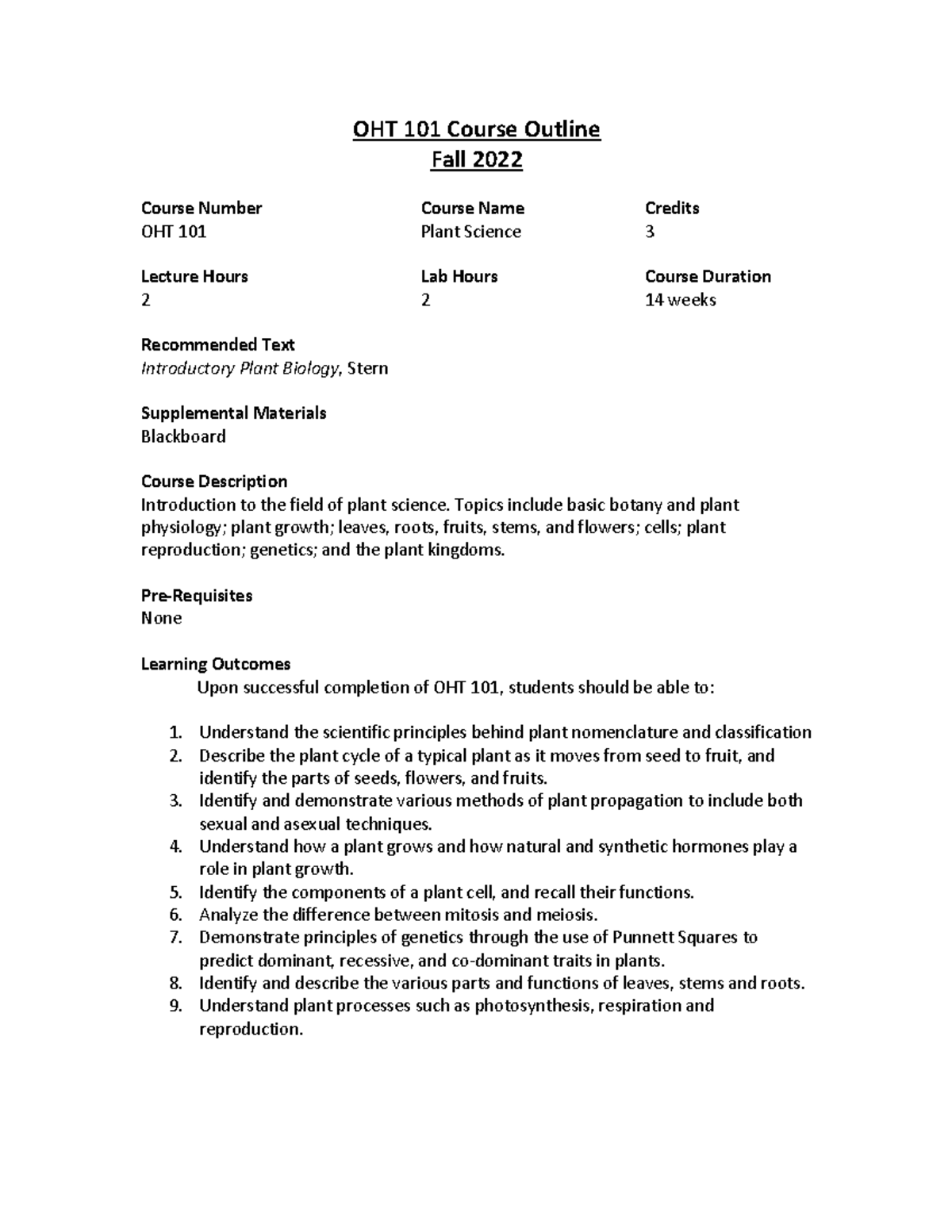Courseoutline OHT 101 Fall2022 - OHT 101 Course Outline Fall 2022 ...