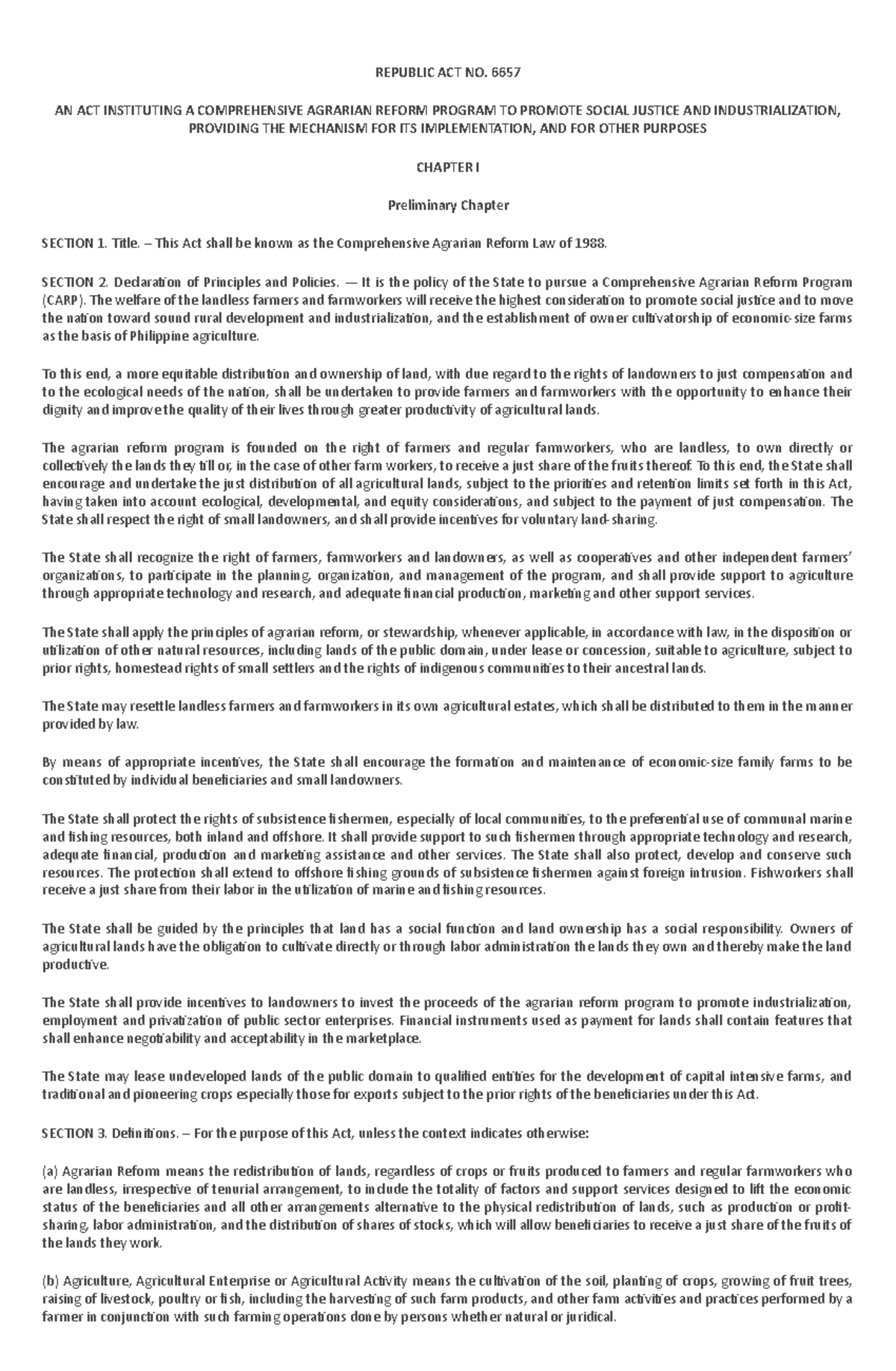 Republic ACT NO 6657docx REPUBLIC ACT NO 6657 AN ACT INSTITUTING A