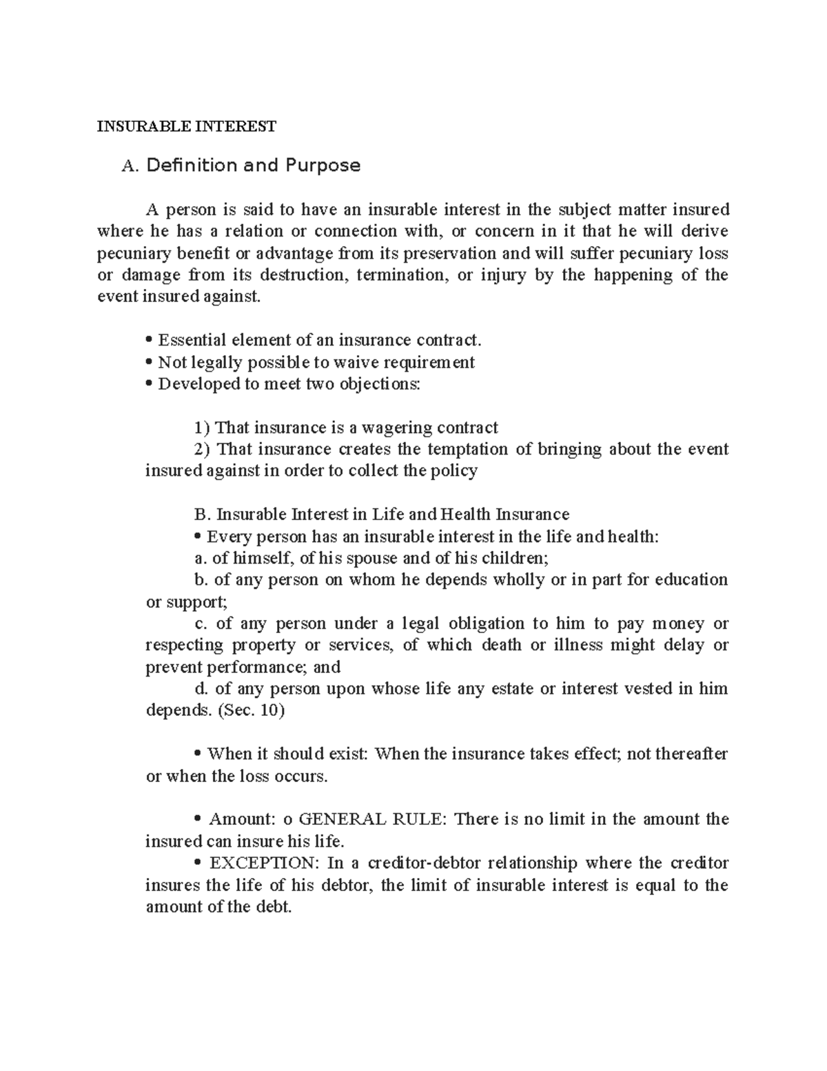 Insurance Notes - INSURABLE INTEREST A. Definition and Purpose A person ...