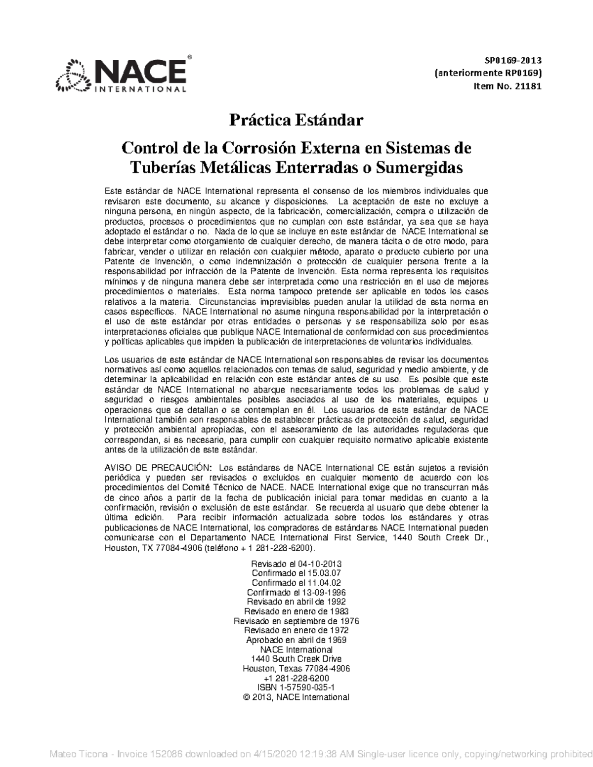 NACE SP 0169 - 2013 Control de la corrosión externa - Español ...